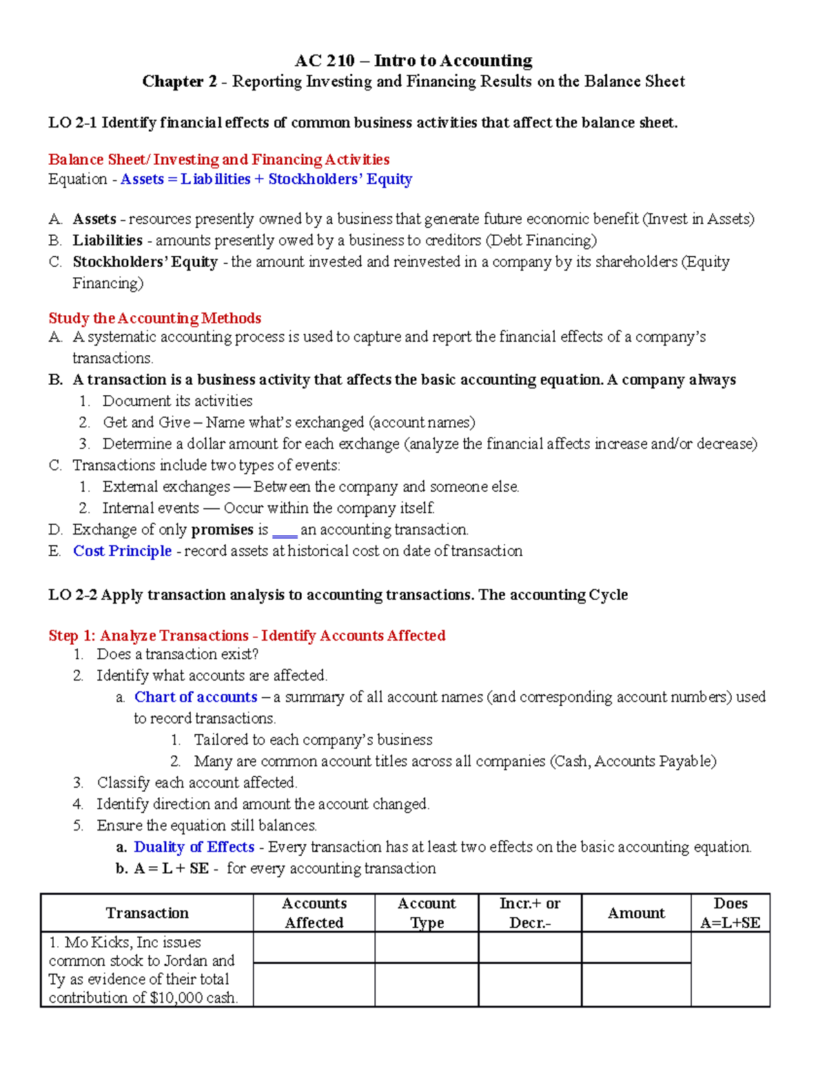 Chapter 2 handout - AC 210 – Intro to Accounting Chapter 2 - Reporting ...