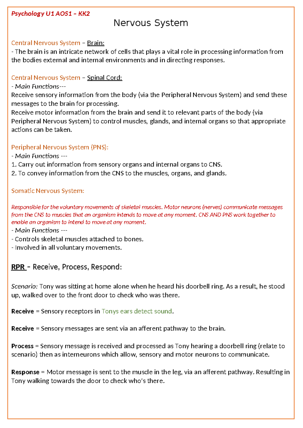 Psych - Nervous System U1 Notes - Psychology U1 AOS1 – KK Nervous ...