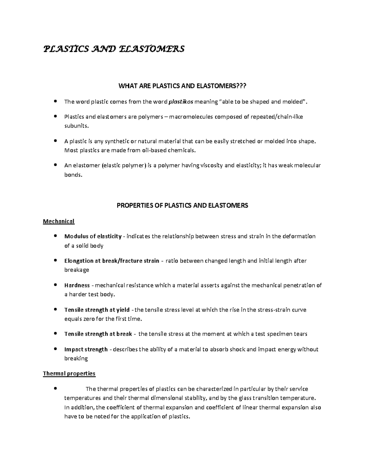 Plastics - PLASTICS AND ELASTOMERS WHAT ARE PLASTICS AND ELASTOMERS ...
