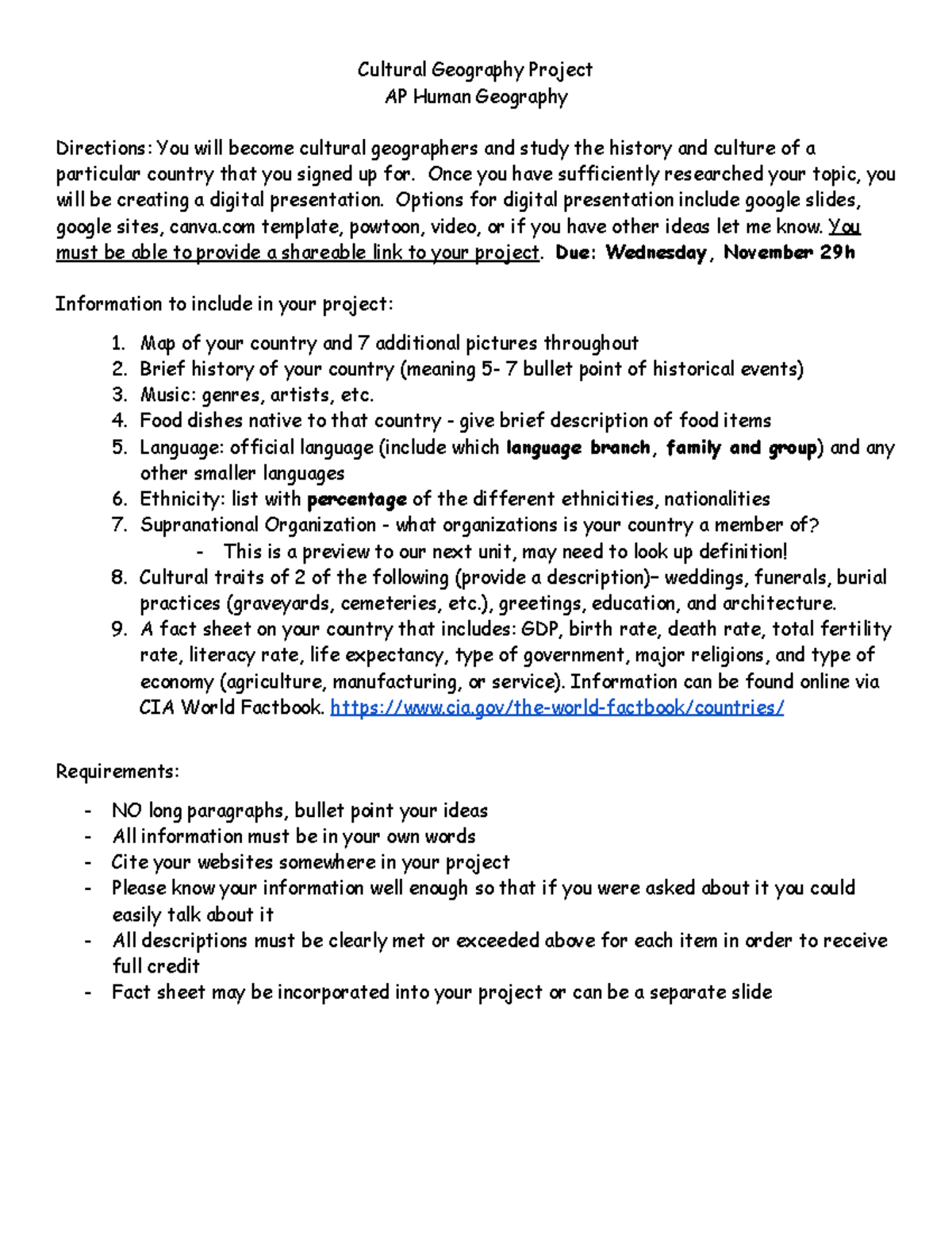 Cultural Geography Project - Once you have sufficiently researched your ...