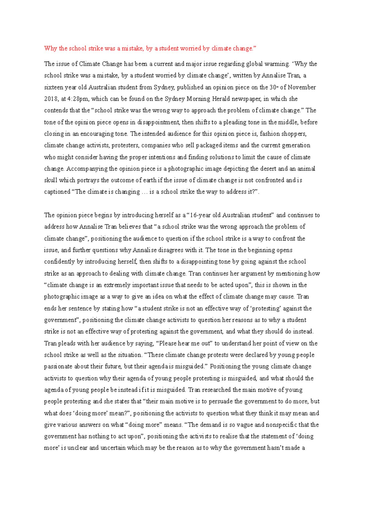 Unit 1 Argument Analysis Assessment 2020 ( - Why the school strike was ...