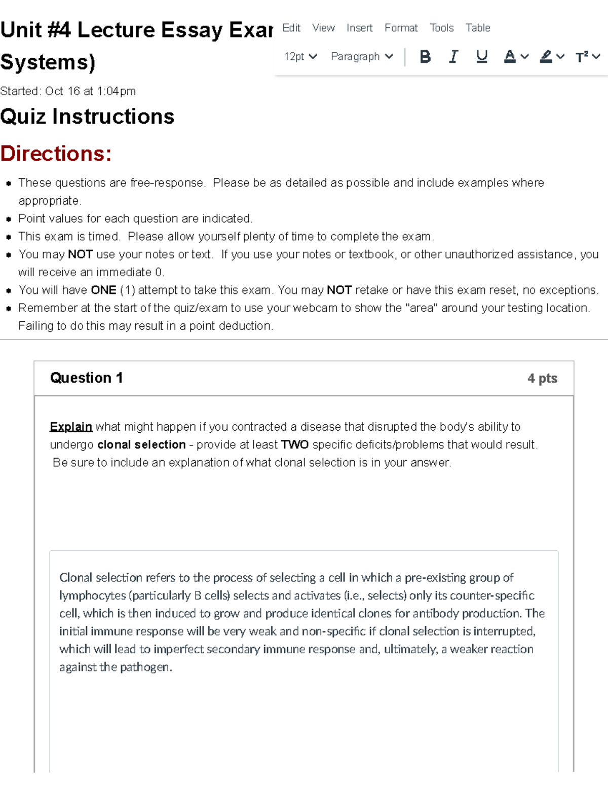 Quiz Unit #4 Lecture Essay Exam (Lymphatic and Immune Systems) - Unit ...