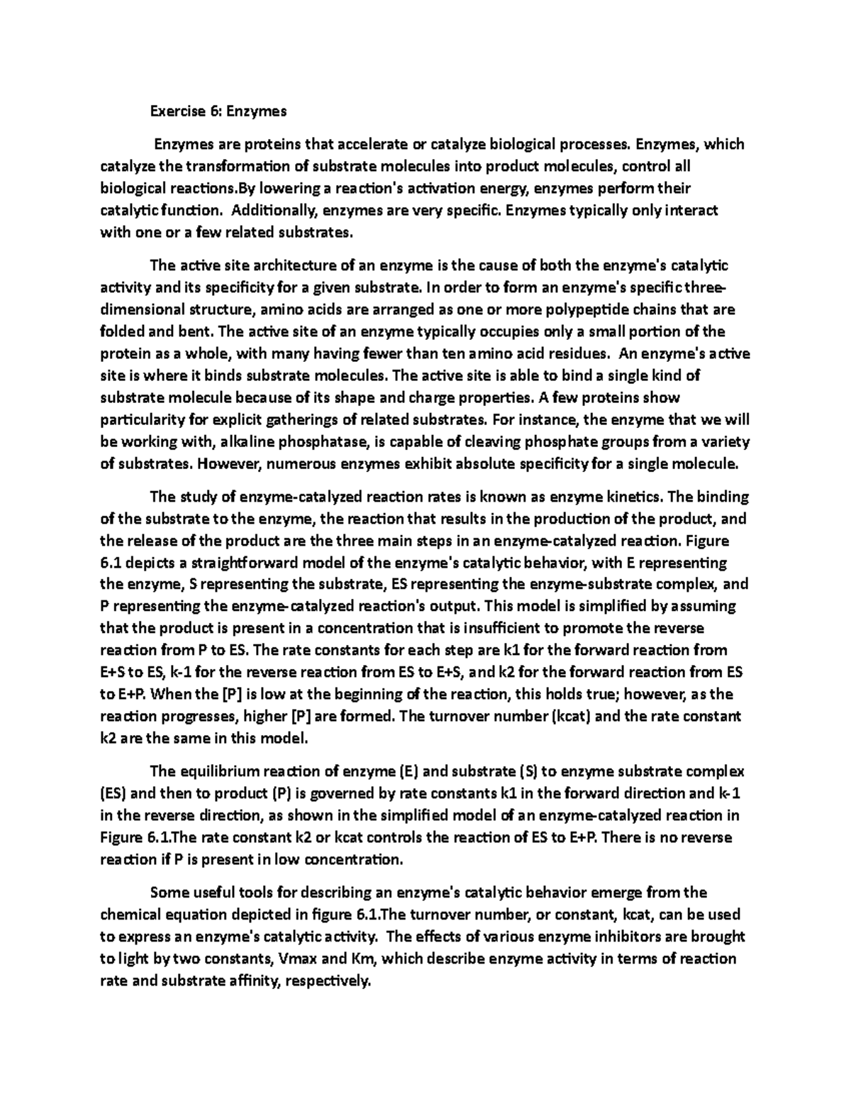 Exercise 6 Biochemistry Laboratory - Exercise 6: Enzymes Enzymes are ...