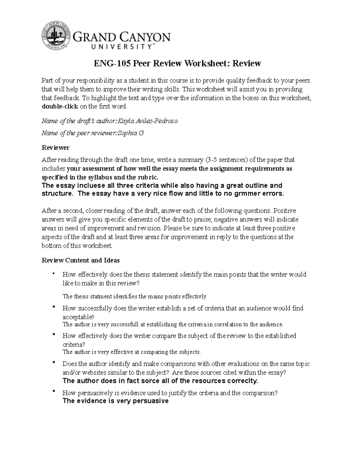 Worksheet #2 - ENG-105 Peer Review Worksheet: Review Part of your ...