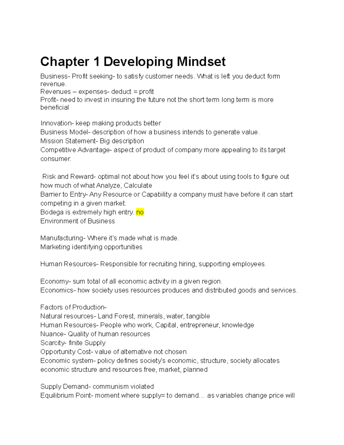 Buisness 101 Notes - Chapter 1 Developing Mindset Business- Profit ...