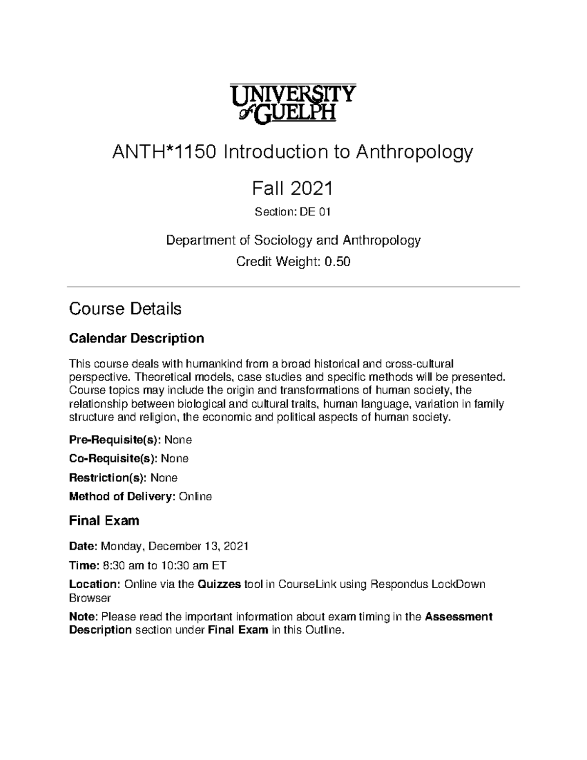 Outline ANTH1150 DE01 F21 final - ANTH*1150 Introduction to ...