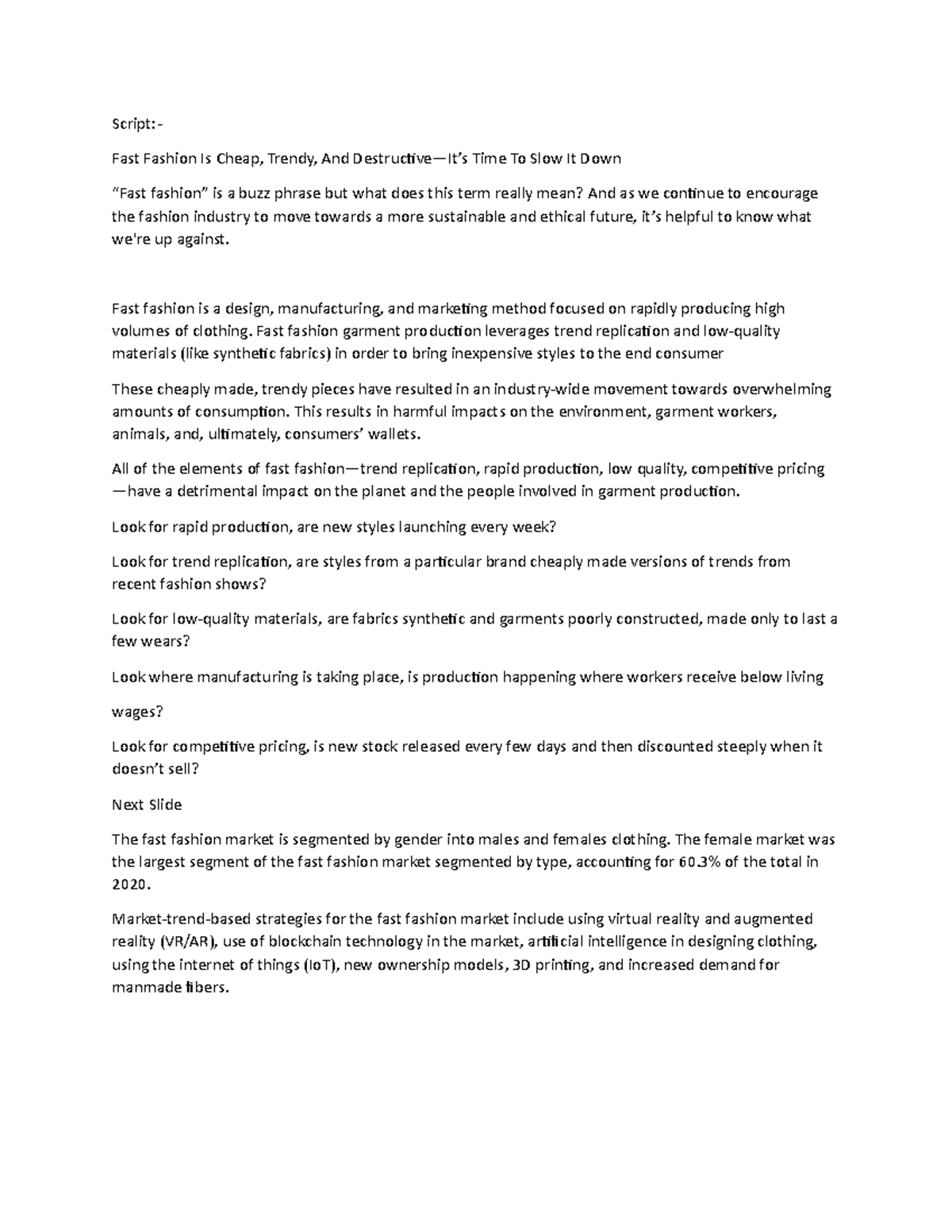 Script - Aish - Supply chain Strategy - Script:- Fast Fashion Is Cheap ...