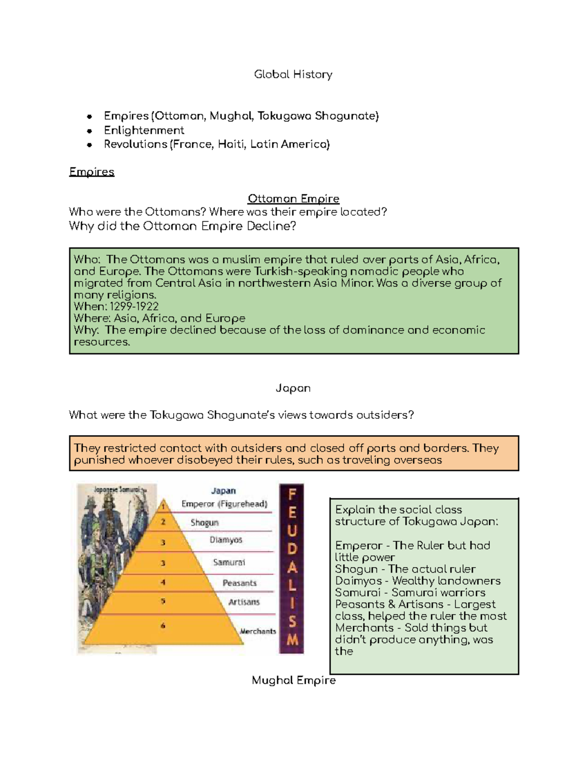 History Review sheet - Global History Empires (Ottoman, Mughal ...