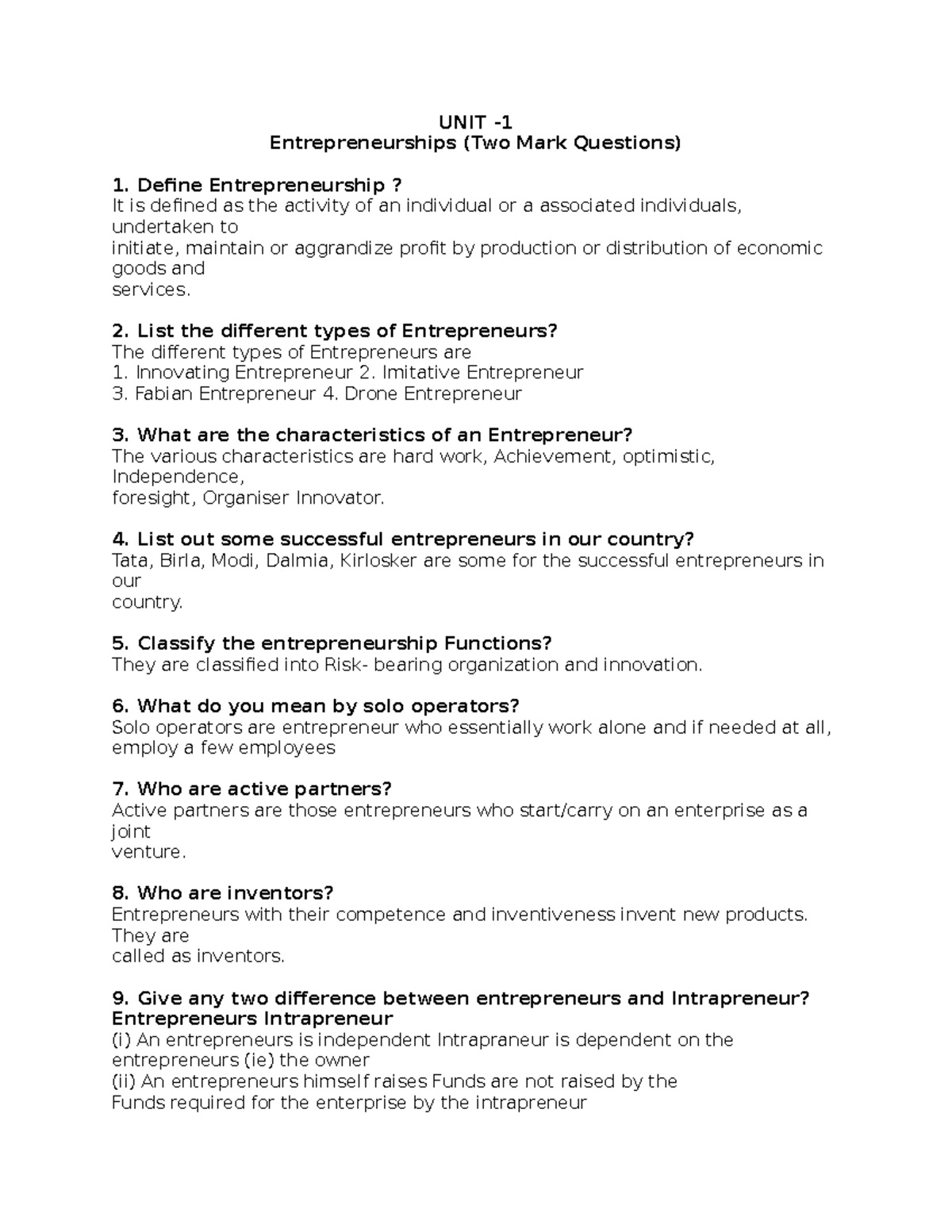ED-2-marks-qus-Ans - category - UNIT - Entrepreneurships (Two Mark Questions) Define - Studocu