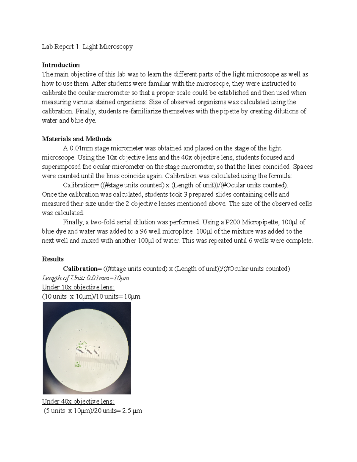Lab Report 1 - After students were familiar with the microscope, they ...