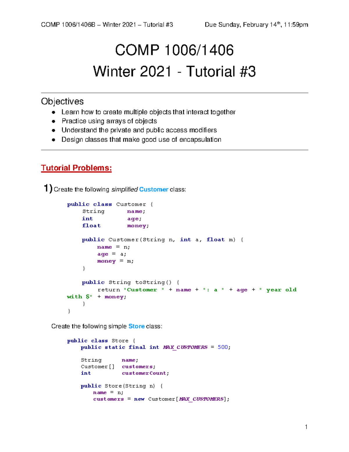 COMP1406 Tutorial 3 - COMP 1006/ 1406 Winter 2021 - Tutorial Objectives ...