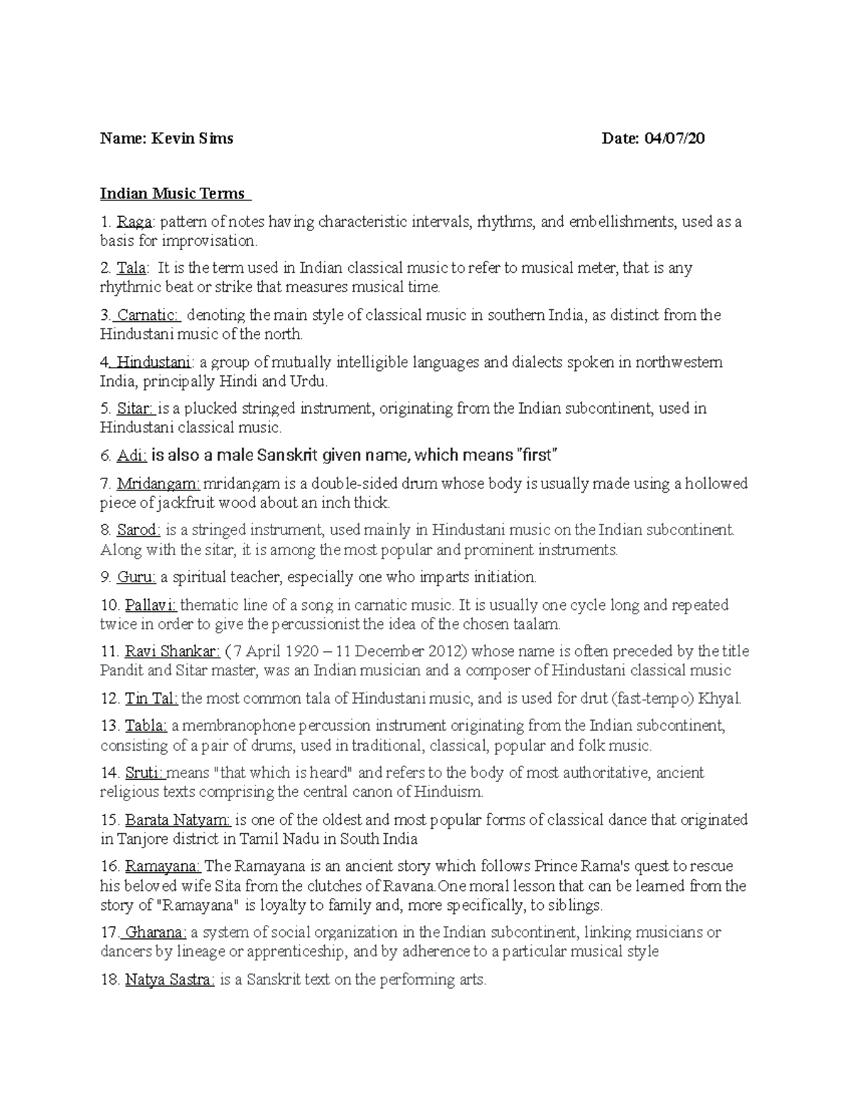 Indian Worksheet _Kevin Sims - MUSIC105 - UMass Boston - Studocu