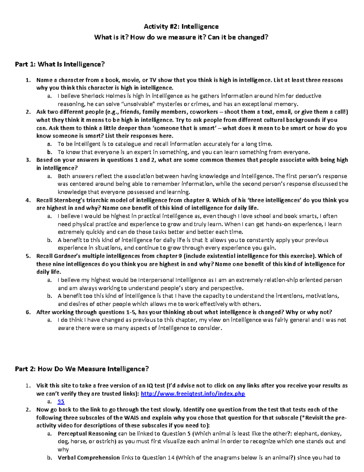Chapter 9 - Intelligence Activity Fall - Activity #2: Intelligence What ...