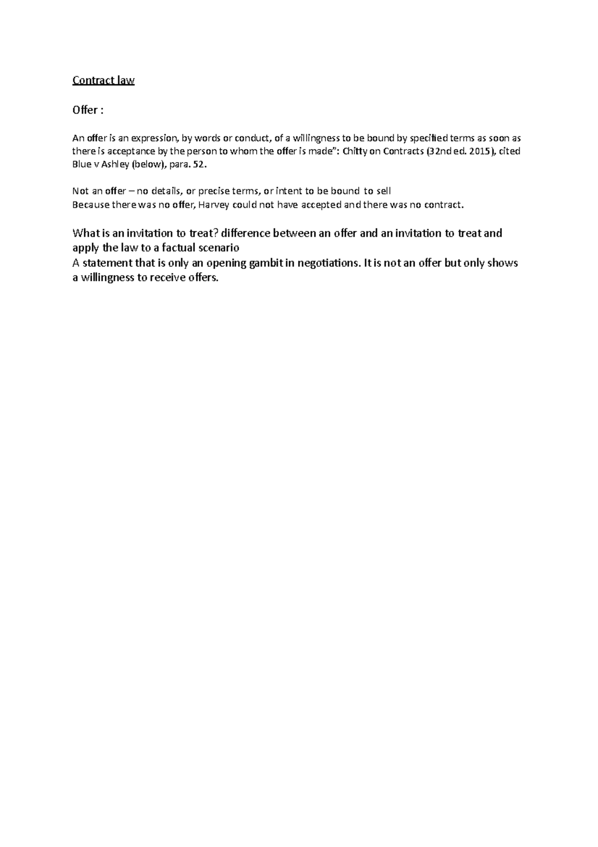 Contract law - notes - Contract law Offer : An offer is an expression ...