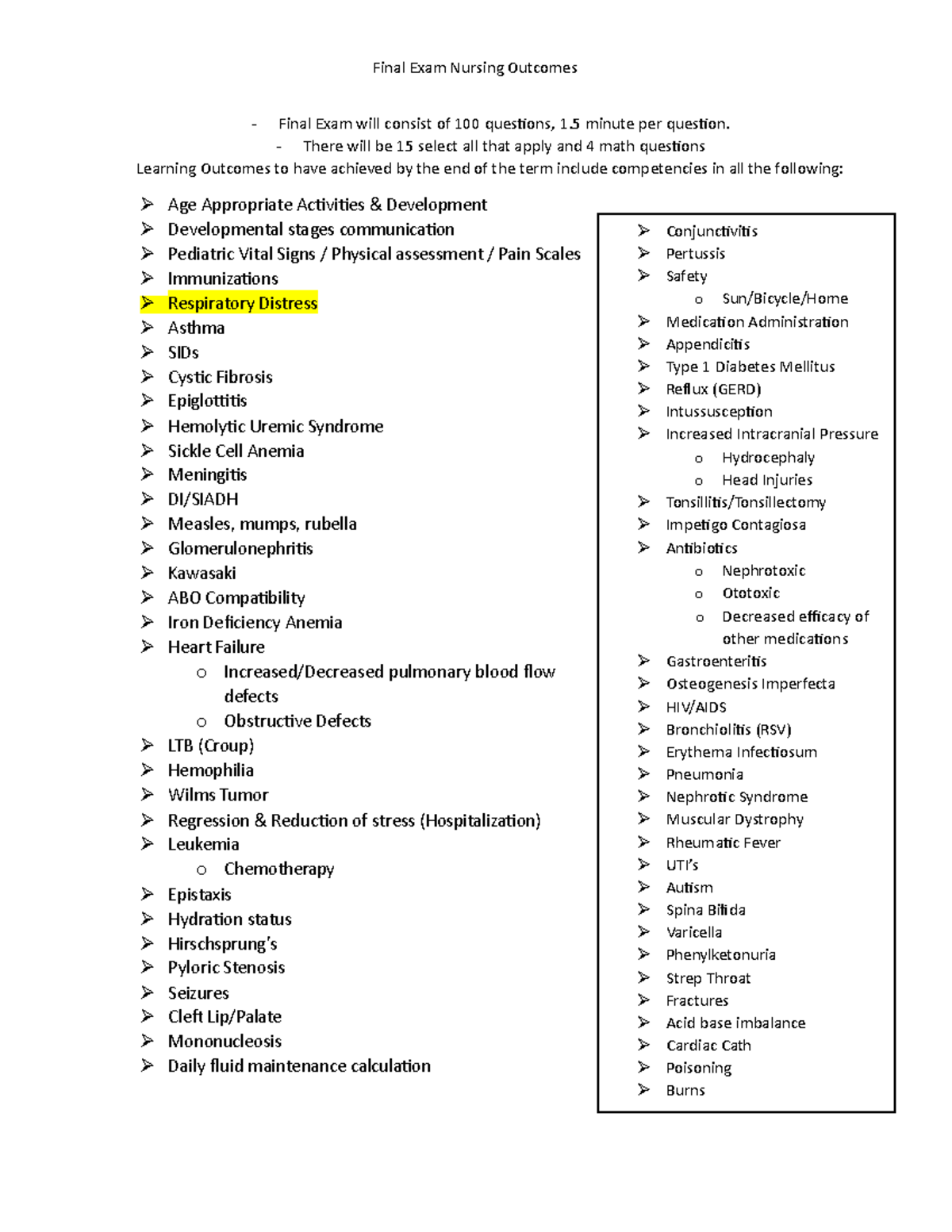 Learning Outcomes Pediatrics - Updated - Final Exam Nursing Outcomes ...