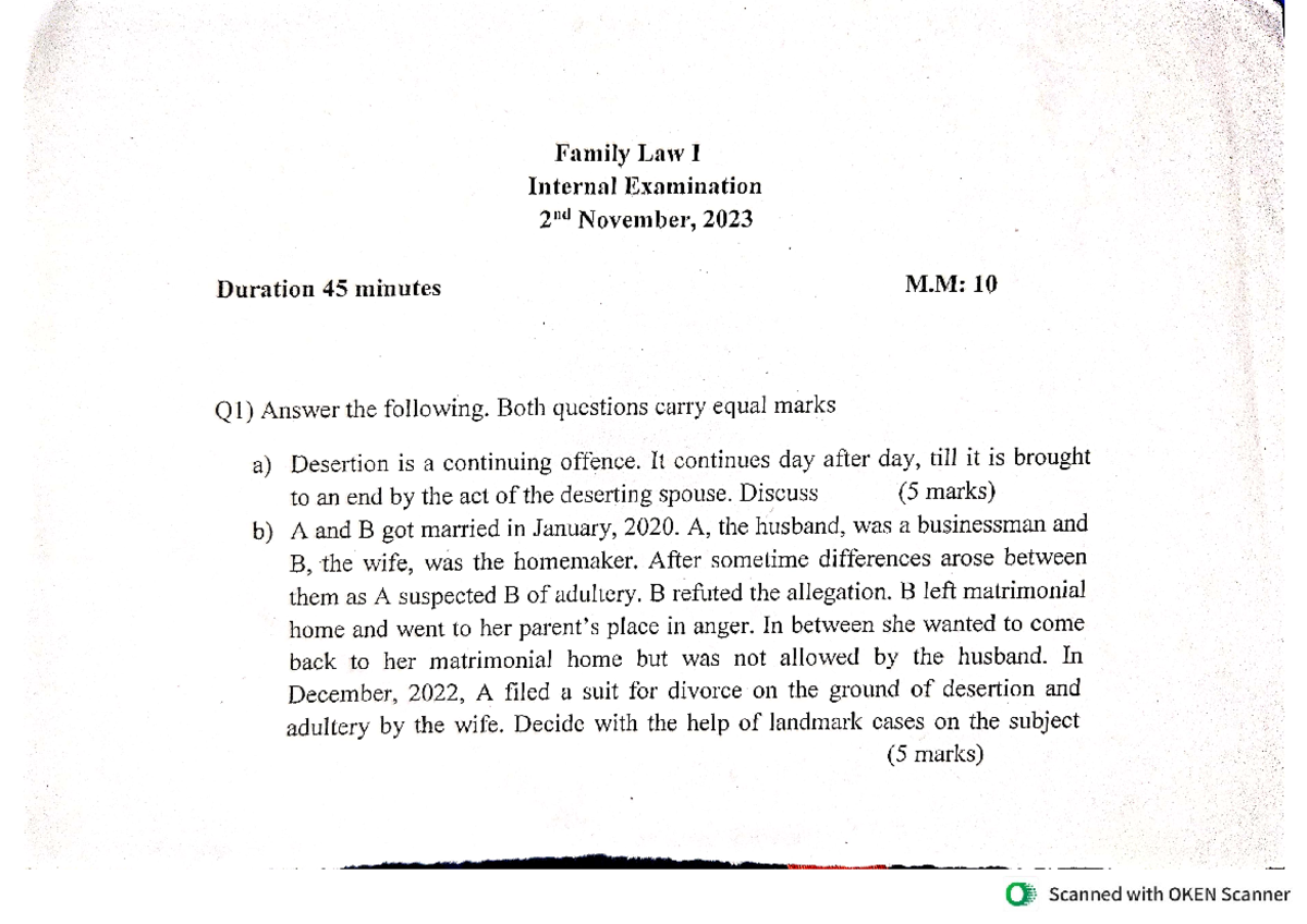 3rd Sem Internal Papers Ballb(H) - Family Law I Internal Examination 2nd November, 2023 Duration ...