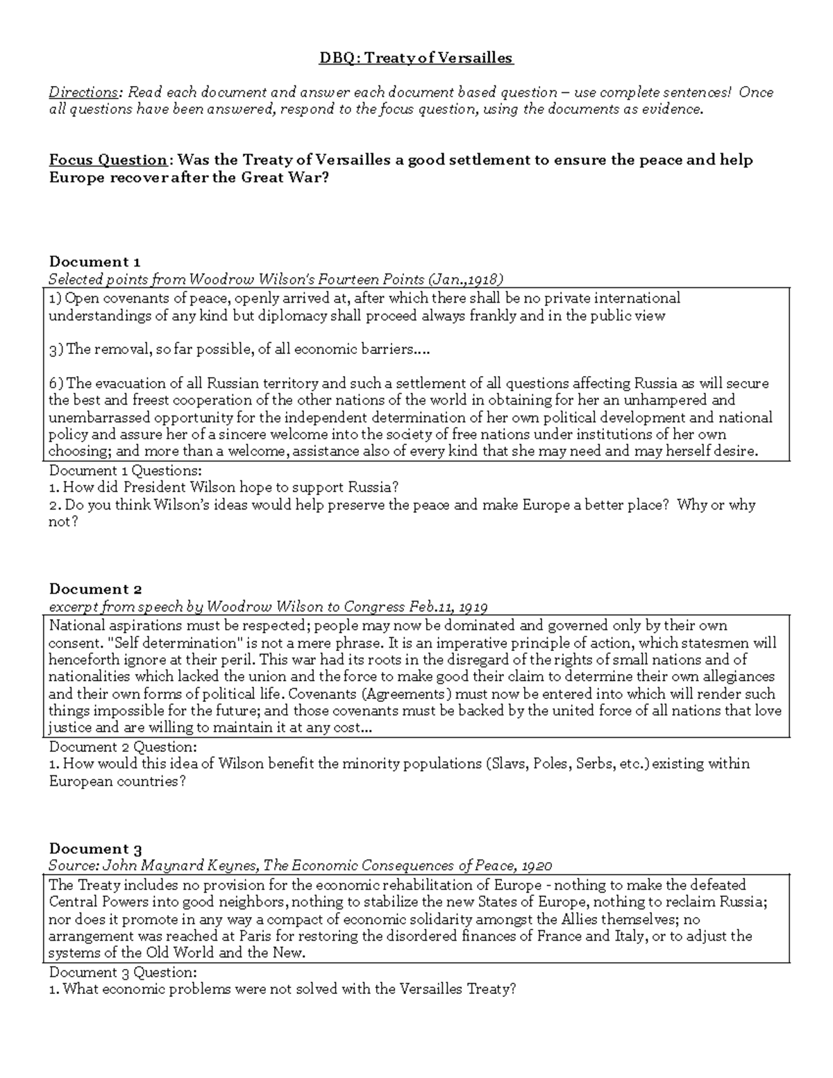 Treaty of versailles dbq - DBQ: Treaty of Versailles Directions: Read ...