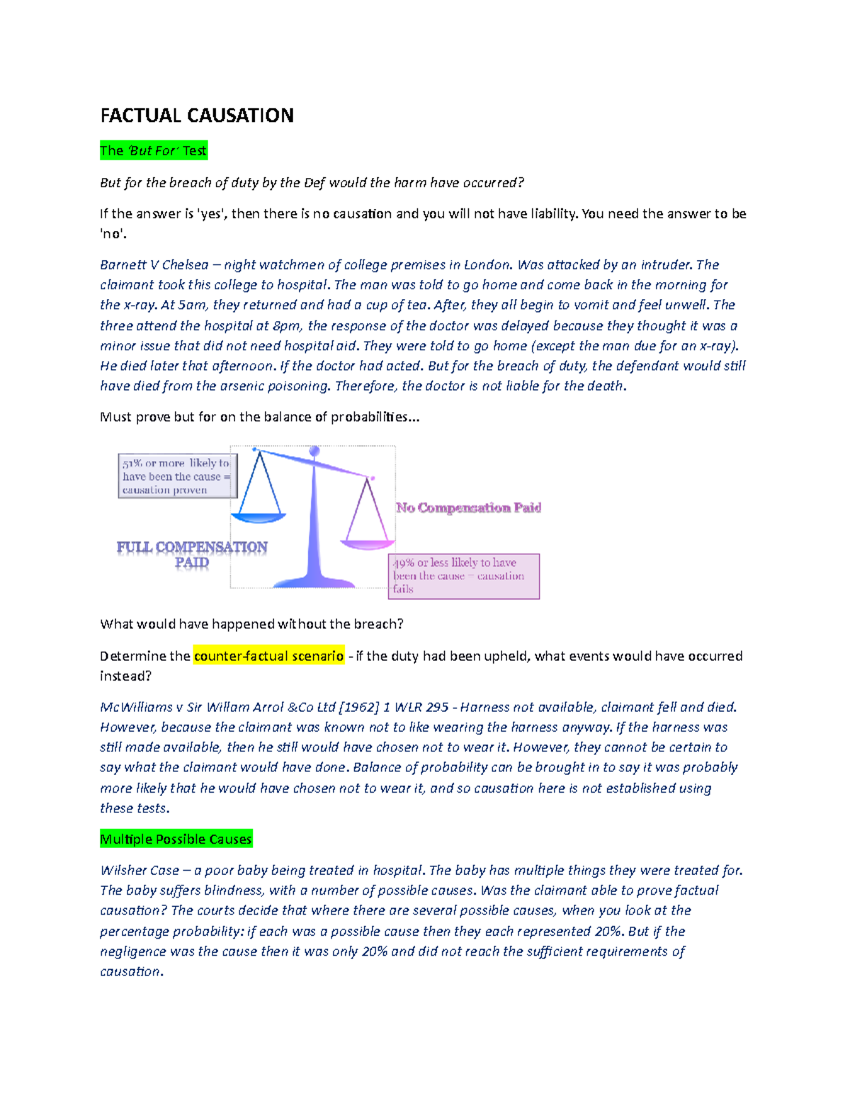 Negligence: Factual Causation Notes - FACTUAL CAUSATION The ‘But For ...
