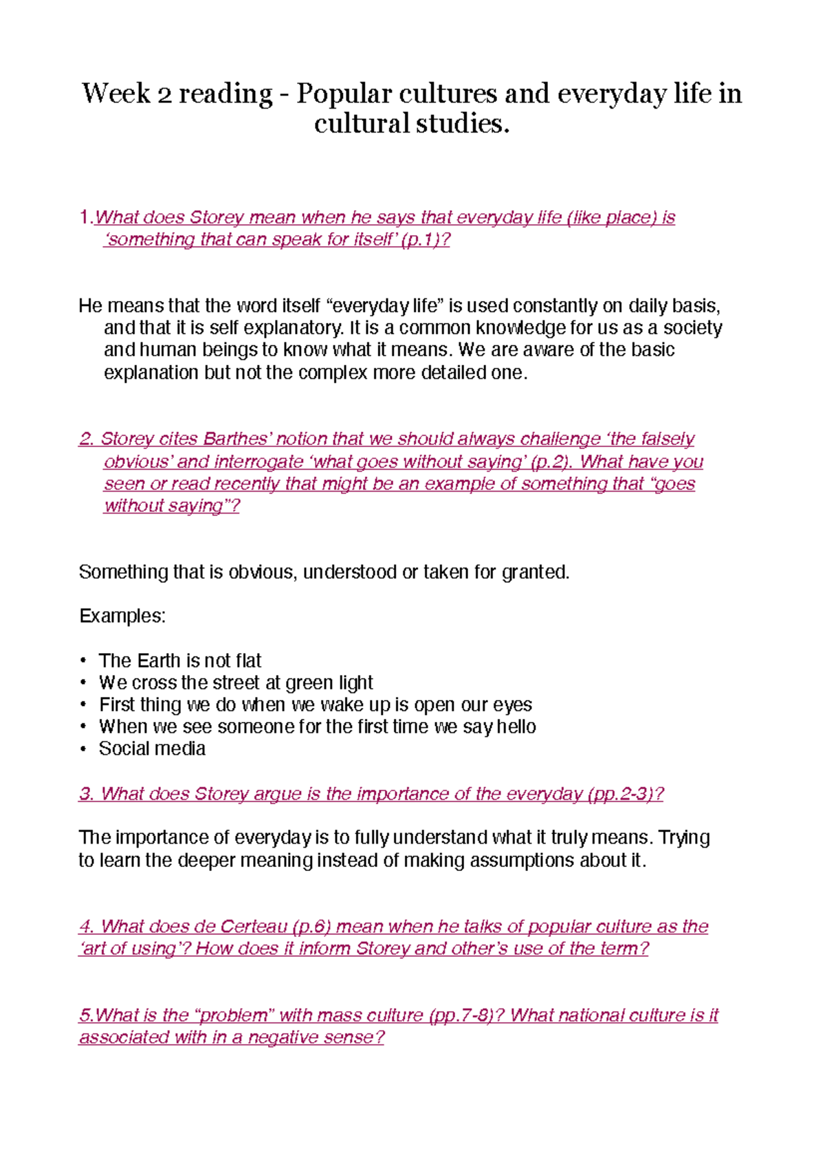 Week 2 readings notes - Week 2 reading - Popular cultures and everyday ...