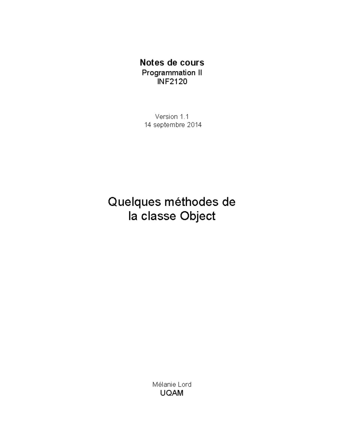 Notes Cours classe Object v1 - Notes de cours Programmation II INF2 120 ...