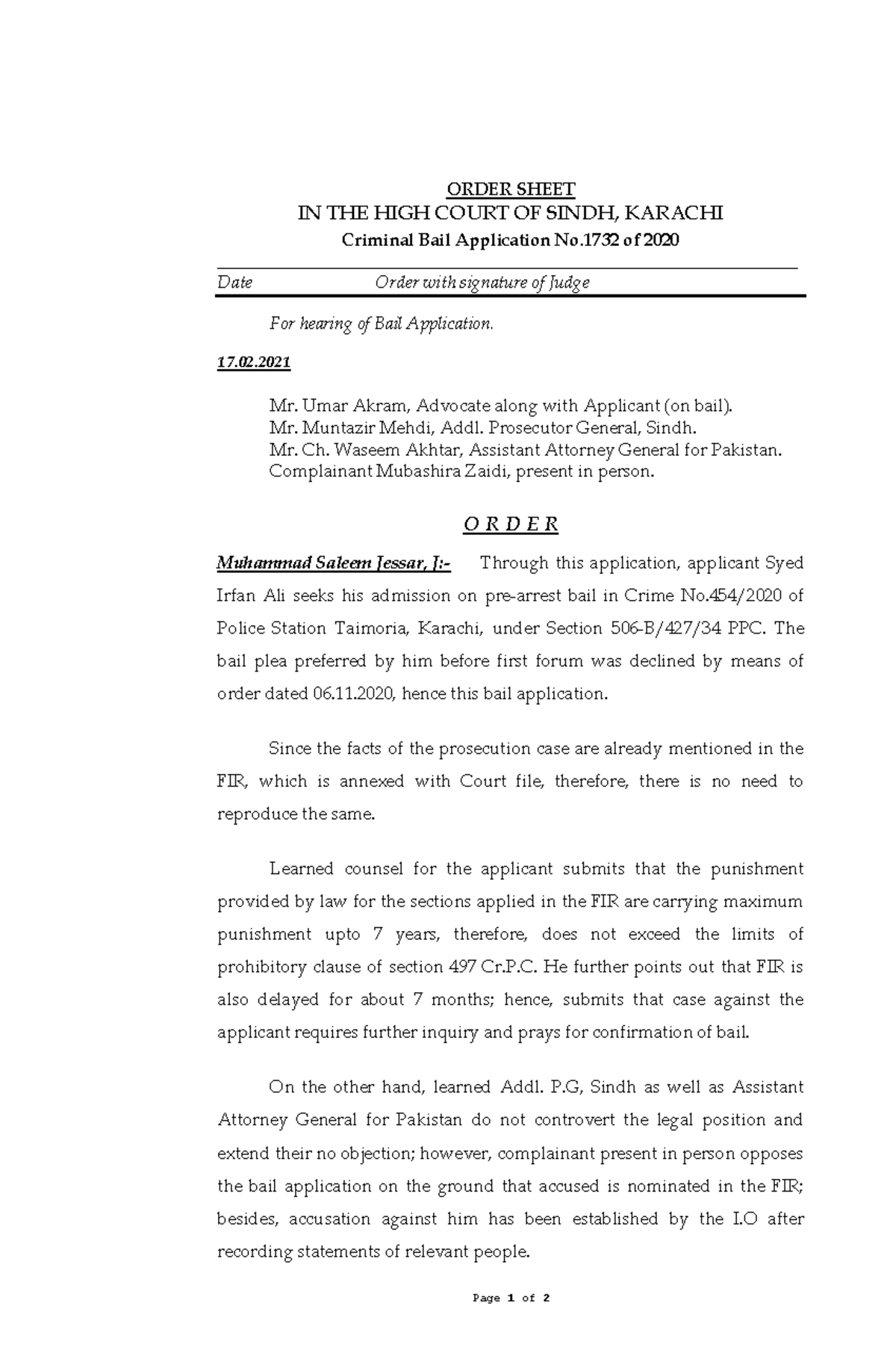 MTU0Nz Mw Y 2Ztcy1k Yzgz Bail Order - Page 1 of 2 ORDER SHEET IN THE ...