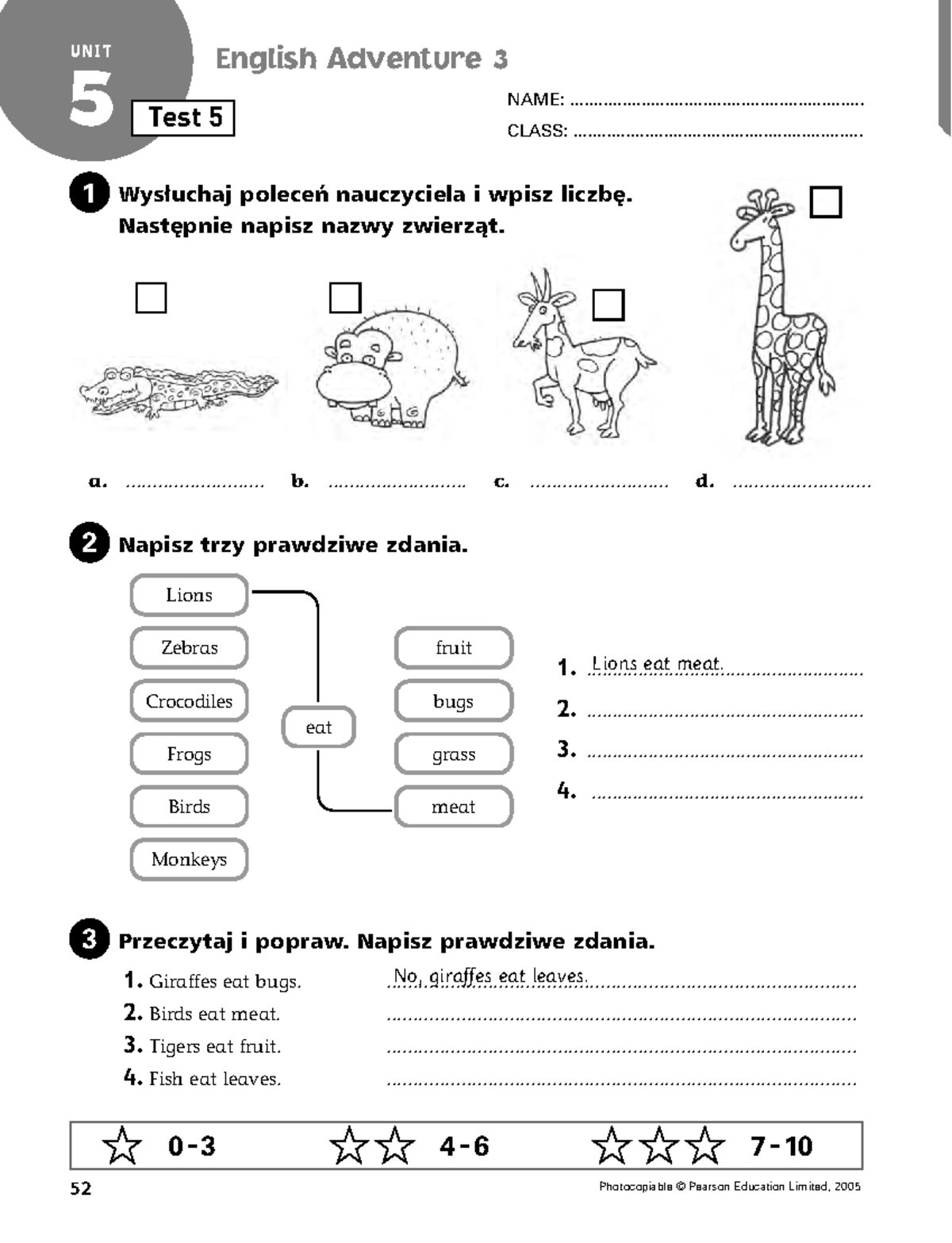 English adventure 3 unit test 5 - 0 – 3 4 – 67 – 10 52 Photocopiable ...