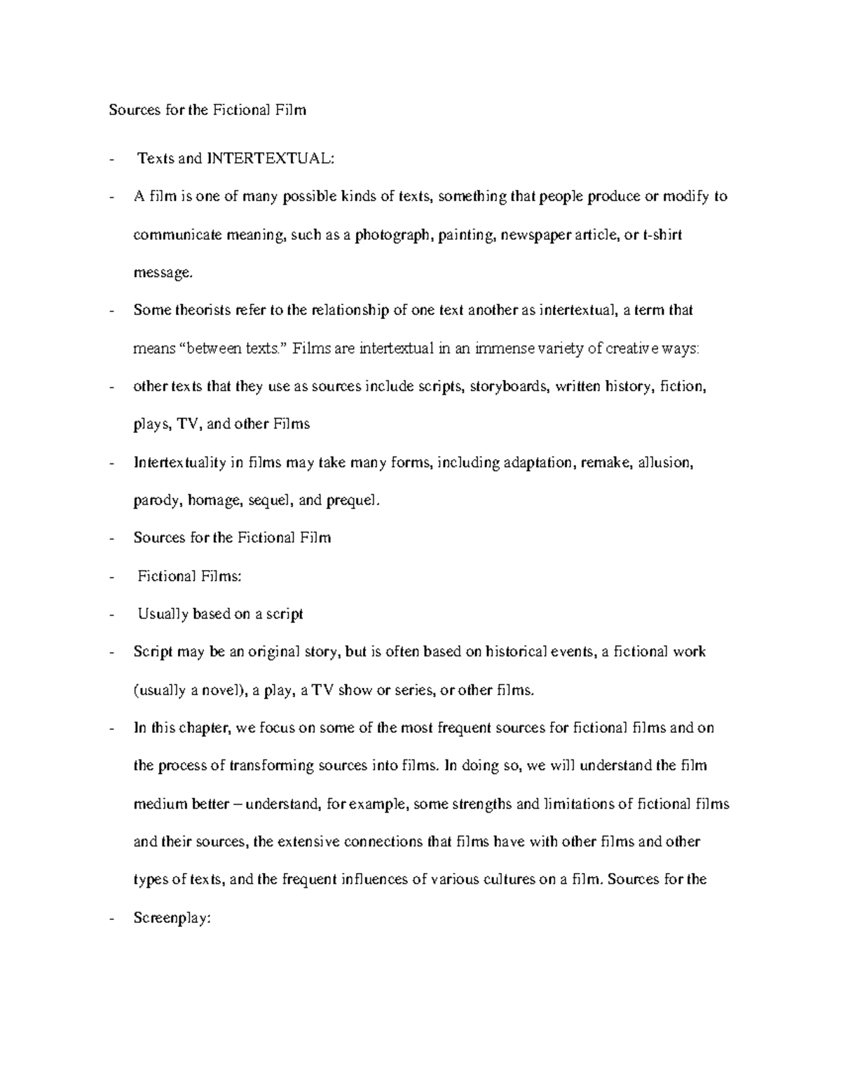 Eng 281 chapter 5 film lecture notes - Sources for the Fictional Film ...