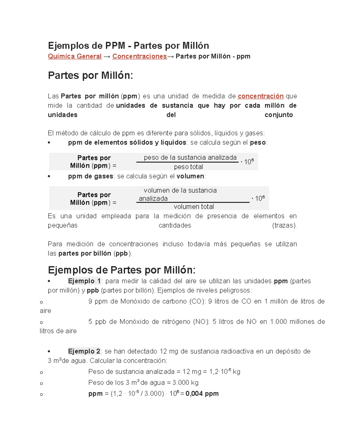 Ejemplos de PPM - El método de cálculo de ppm es diferente para sólidos ...