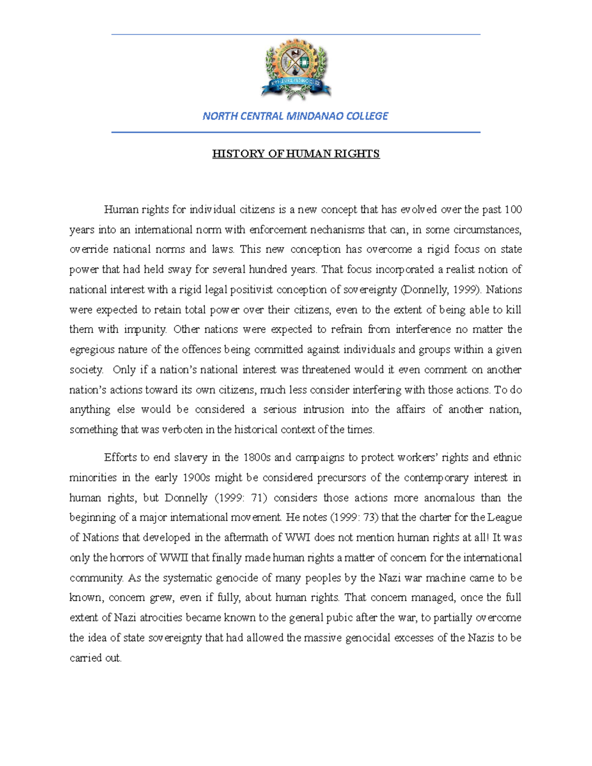 History OF Human Rights - NORTH CENTRAL MINDANAO COLLEGE HISTORY OF ...