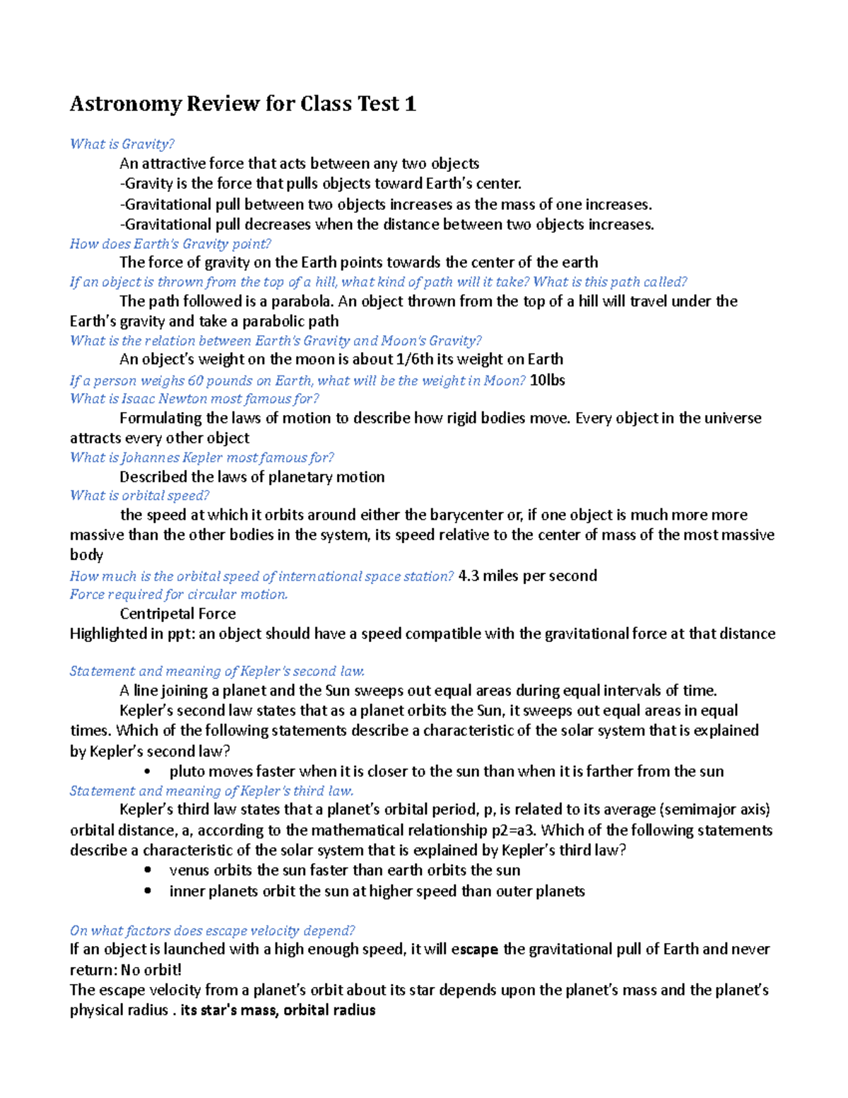 Astronomy Review for Class Test 1 - Studocu