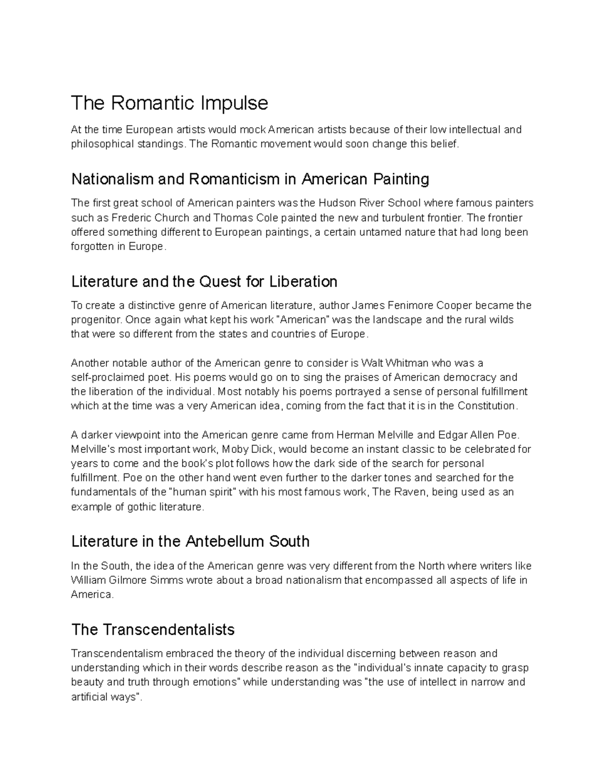 AP-USH Antebellum Culture and Reform - The Romantic Impulse At the time ...
