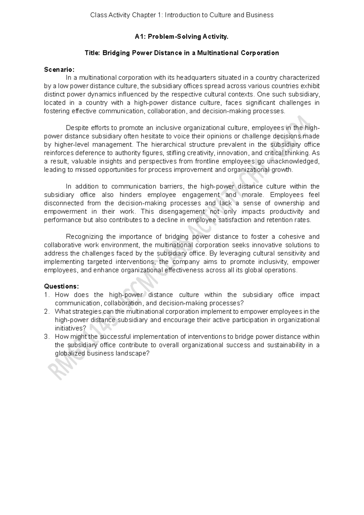 Class Activity Chapter 1 Introduction to Culture and Business - A1 ...