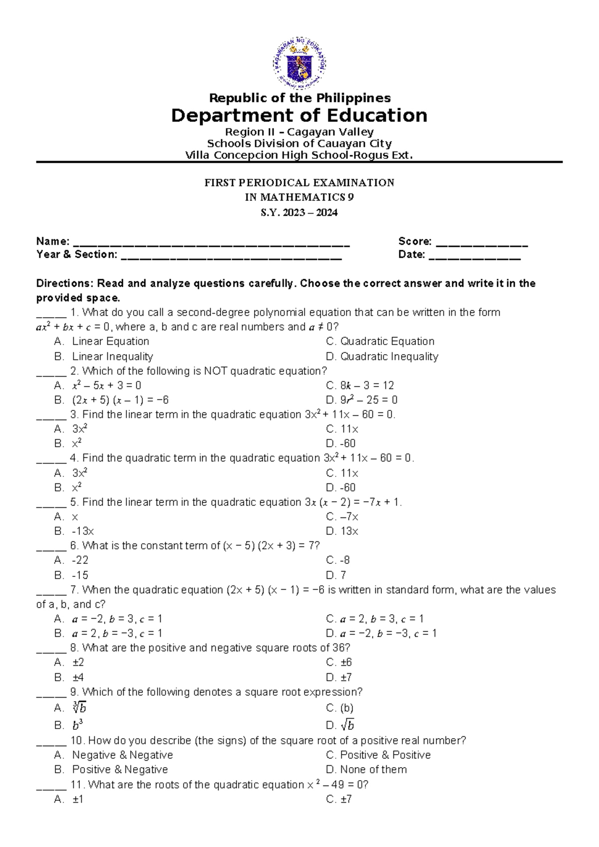 First periodical exam - Republic of the Philippines Department of ...
