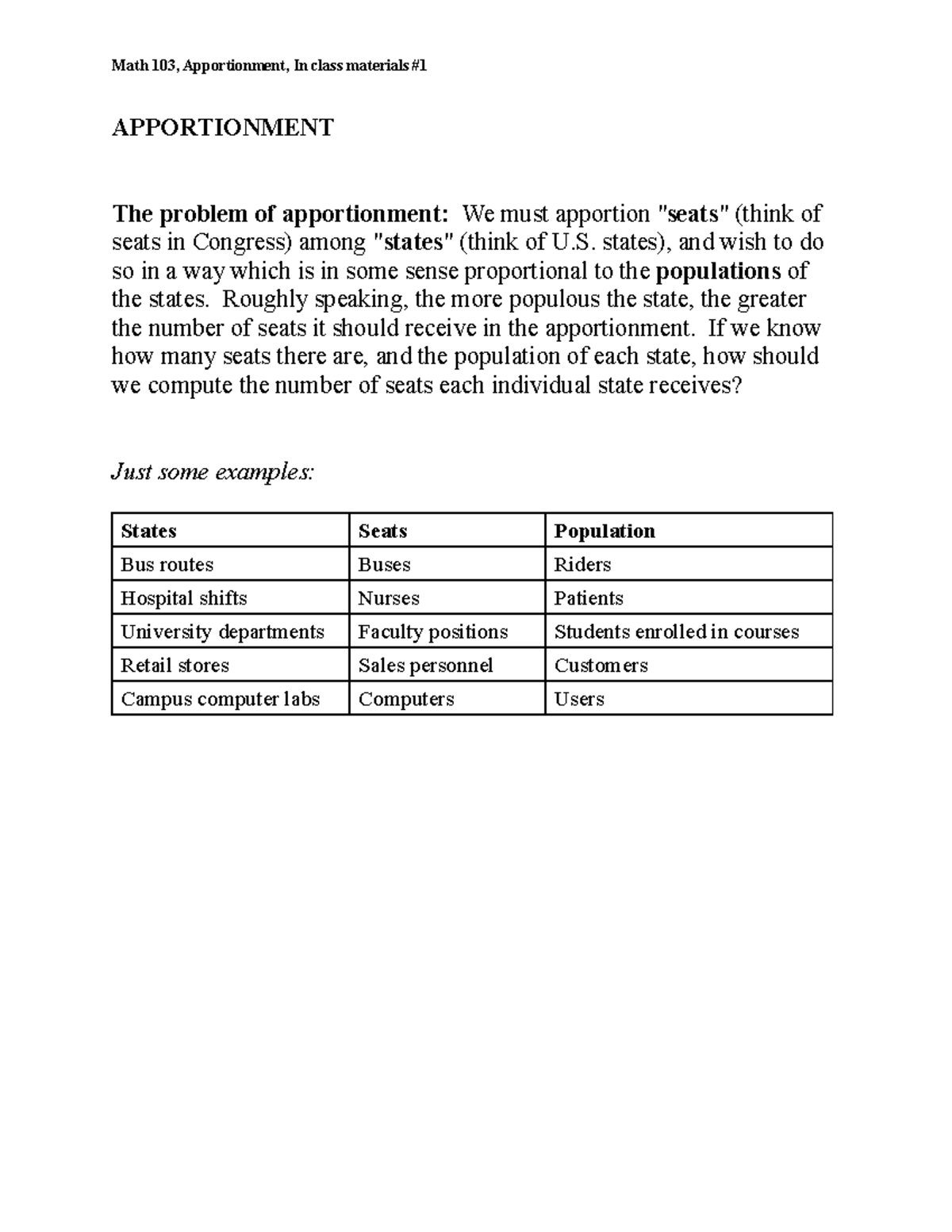 Apportionment notes - Math 103, Apportionment, In class materials #1 ...