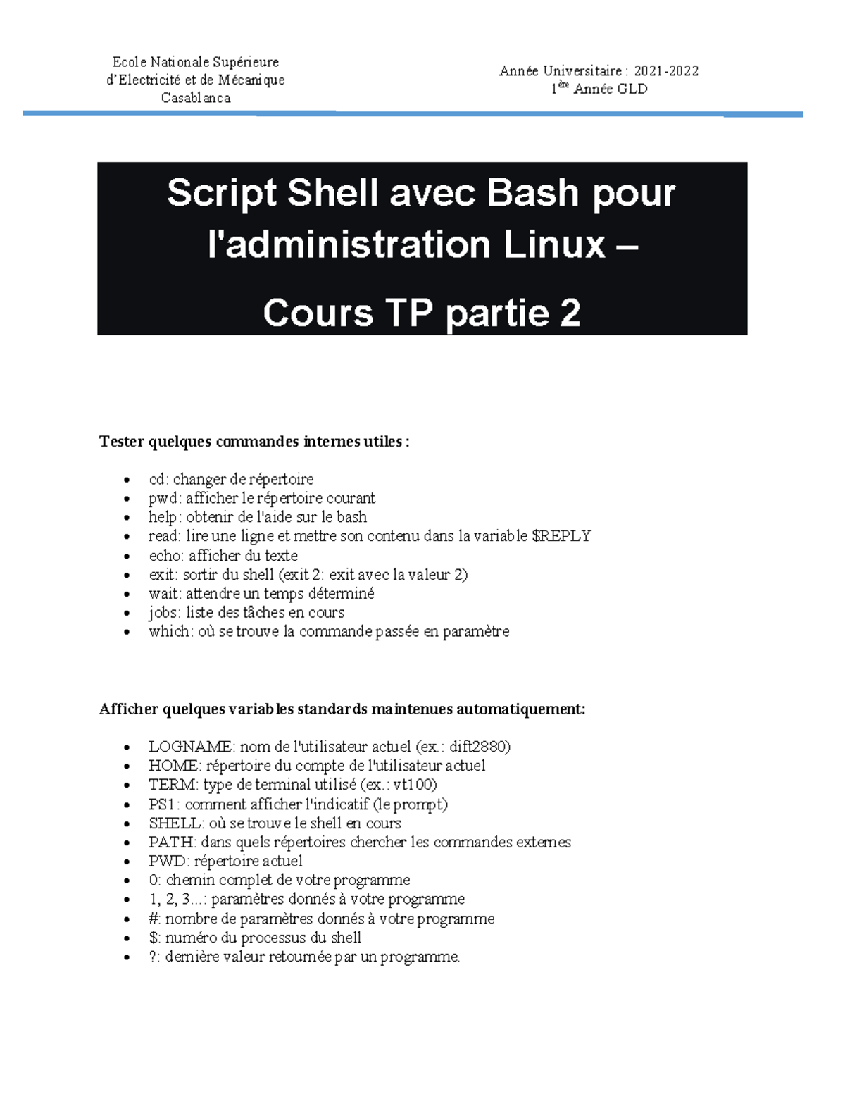 Cours TP shell programing Part II - d’Electricité et de Mécanique Casablanca Année Universitaire ...