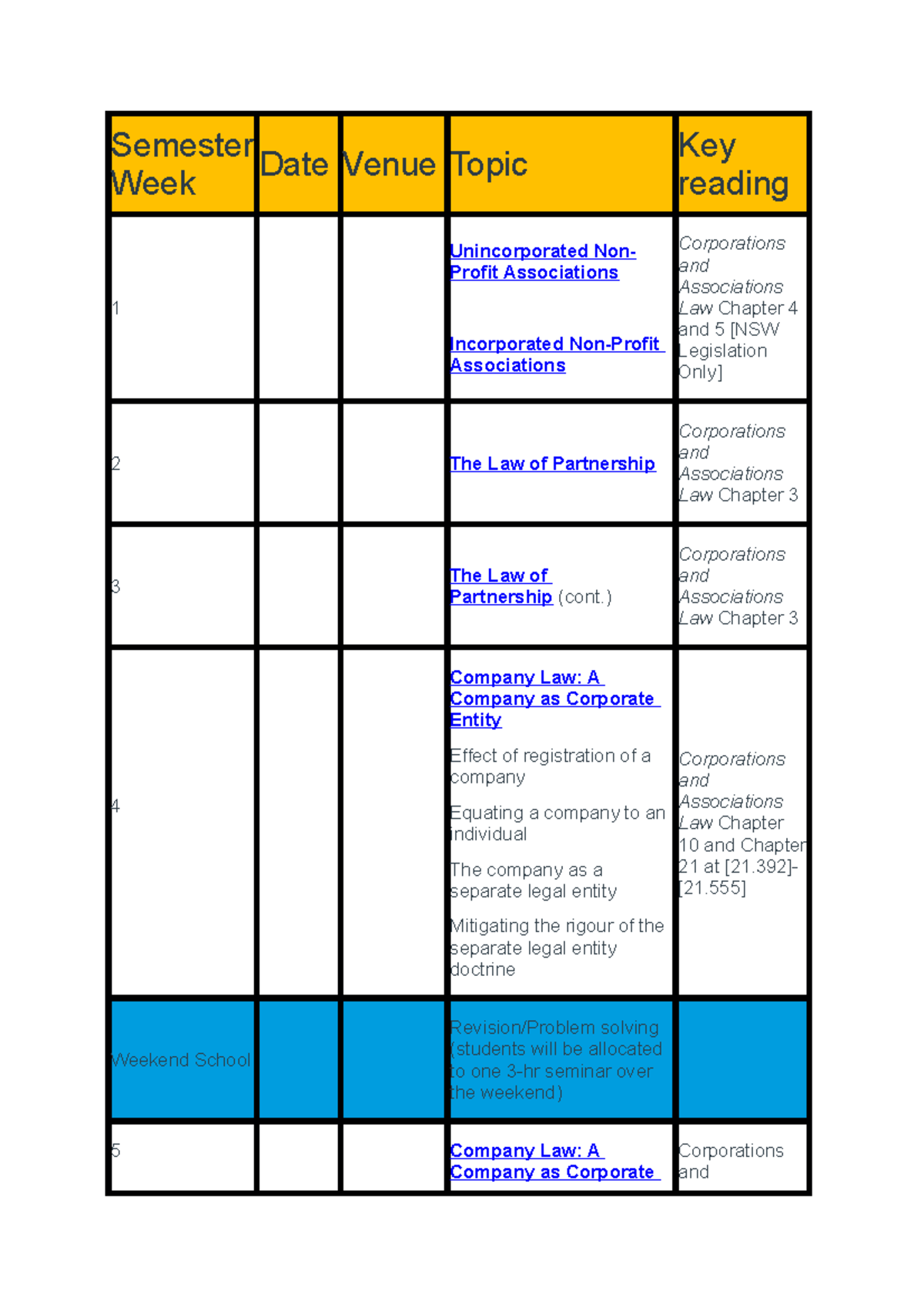 Semester schedual - Semester Week Date Venue Topic Key reading 1 ...