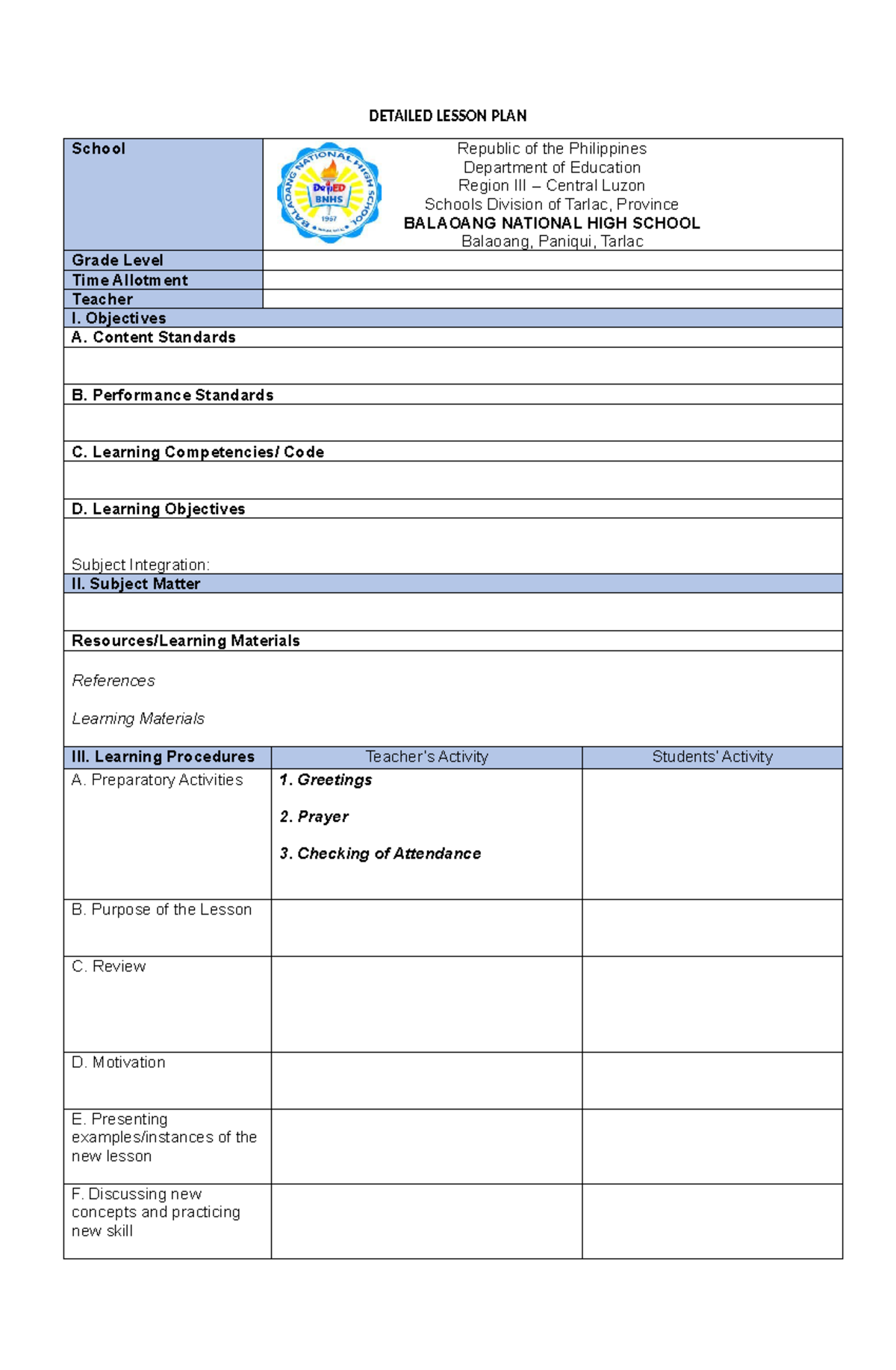 Template - DETAILED LESSON PLAN School Republic of the Philippines ...