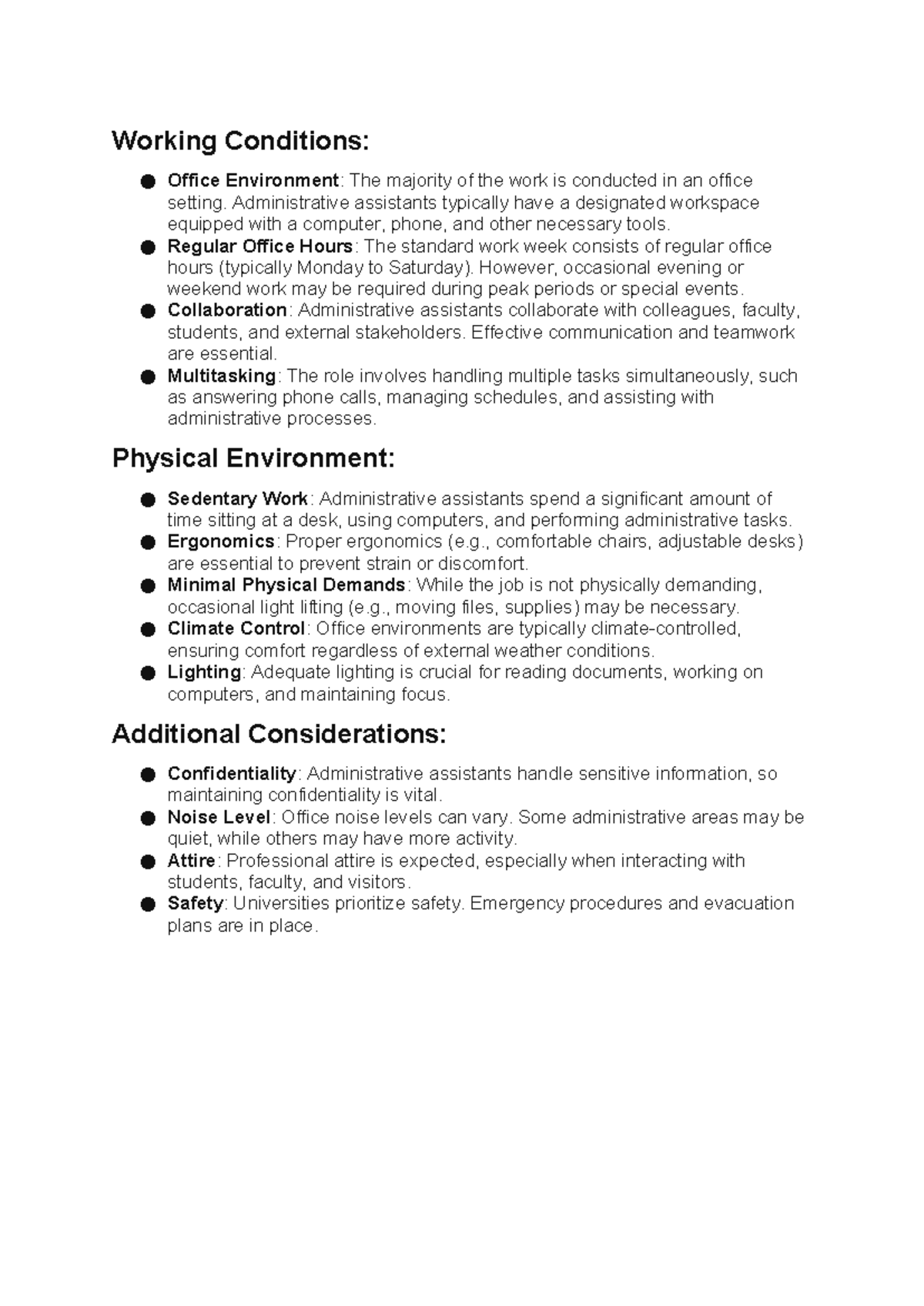 Working conditions and physical environment - Working Conditions ...