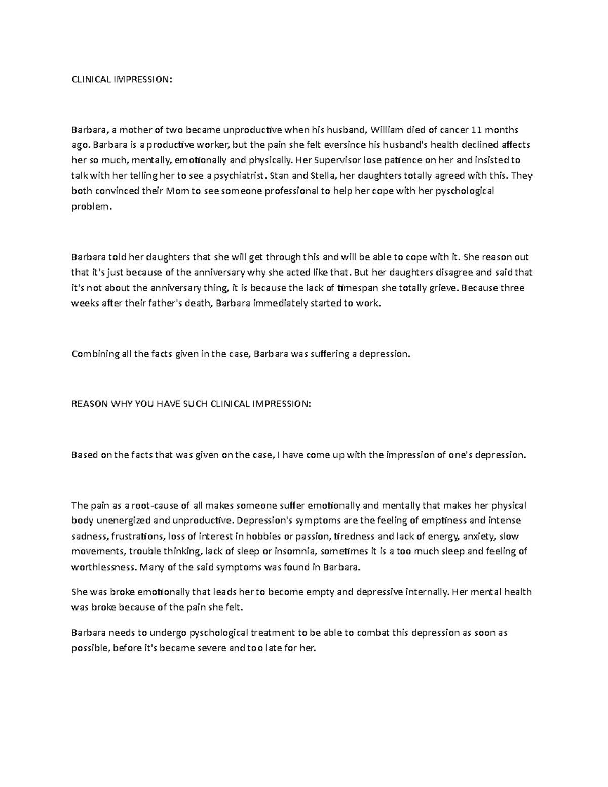 Clinical Impres-WPS Office - CLINICAL IMPRESSION: Barbara, a mother of ...