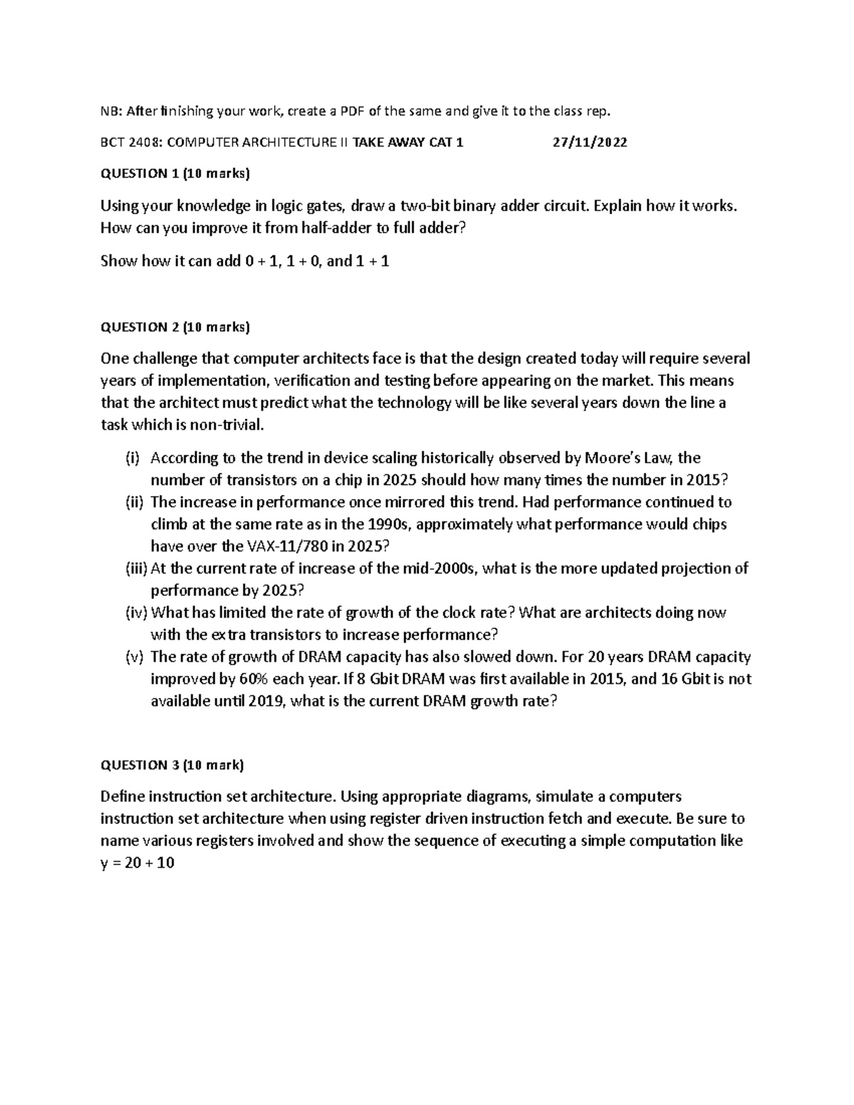 BCT 2408 CAT 1 - Computer Architecture and design questions to help ...