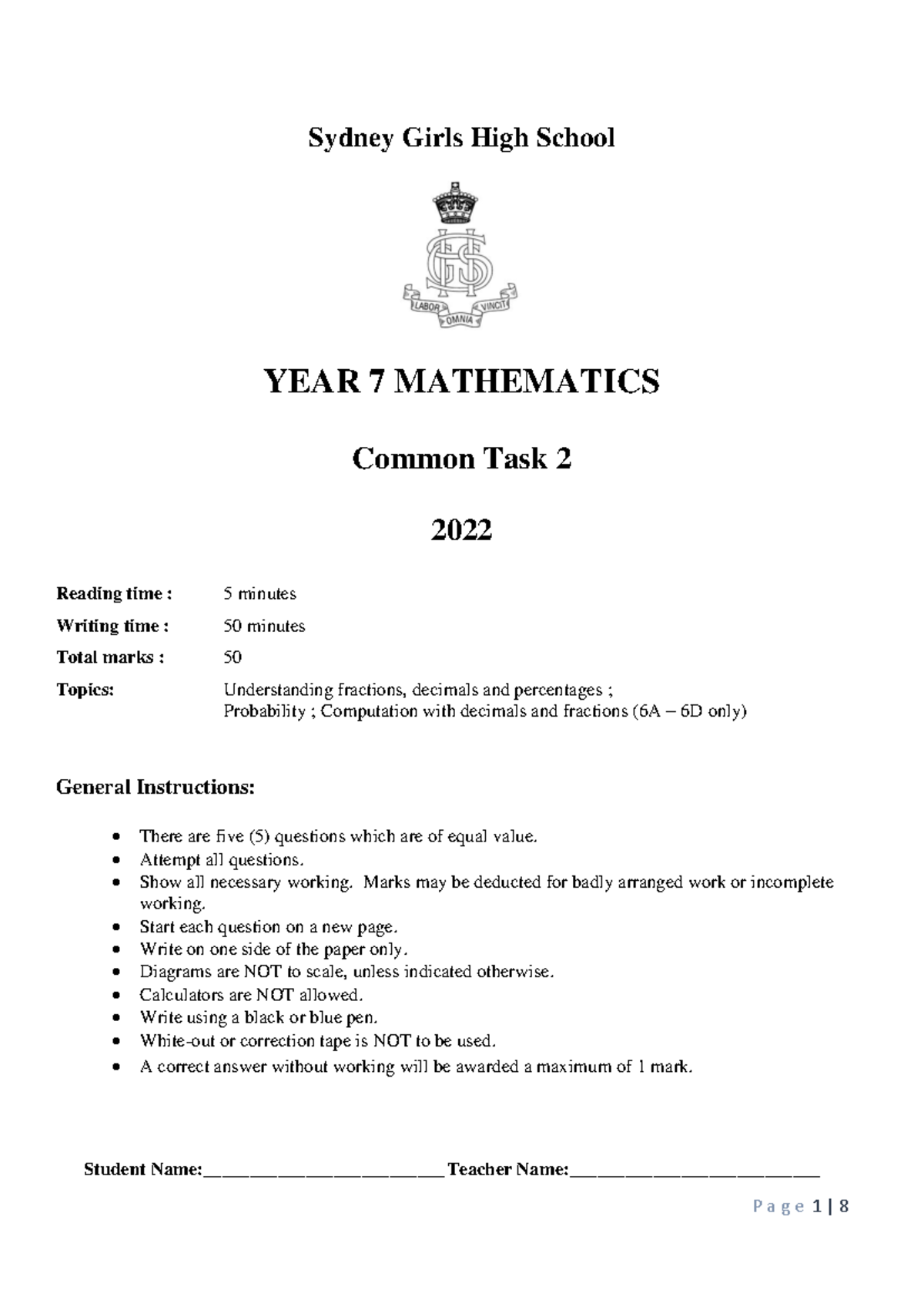 2022 Year 7 Common Task 2 - Sydney Girls High School YEAR 7 MATHEMATICS ...
