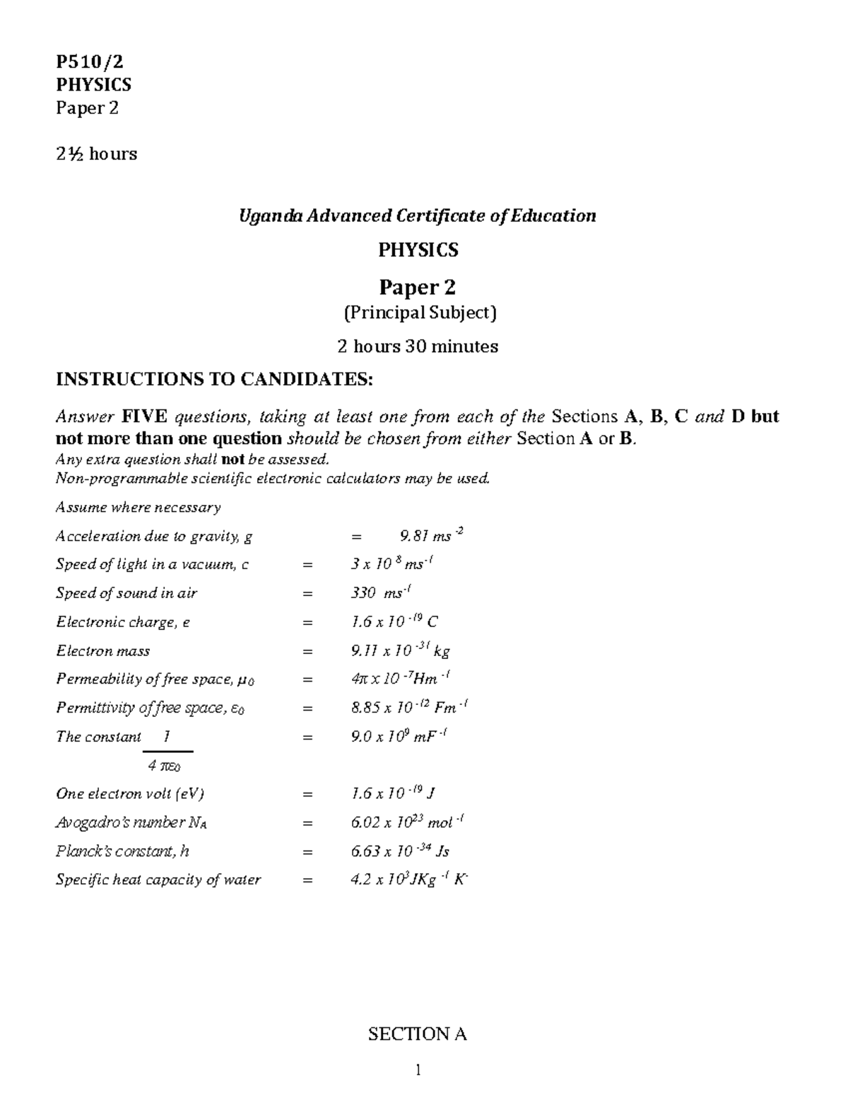 Pre uneb set 1 - practice - P510/ PHYSICS Paper 2 2½ hours Uganda ...