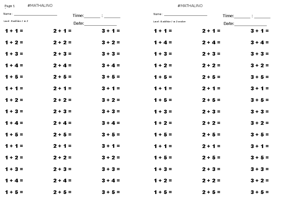 Level B-Addition (Number Sequence) - . Name ...