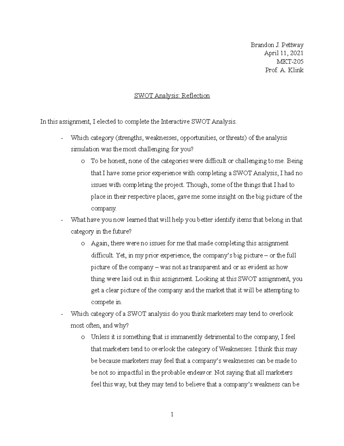 SWOT Analysis Reflection - Brandon J. Pettway April 11, 2021 MKT- Prof ...