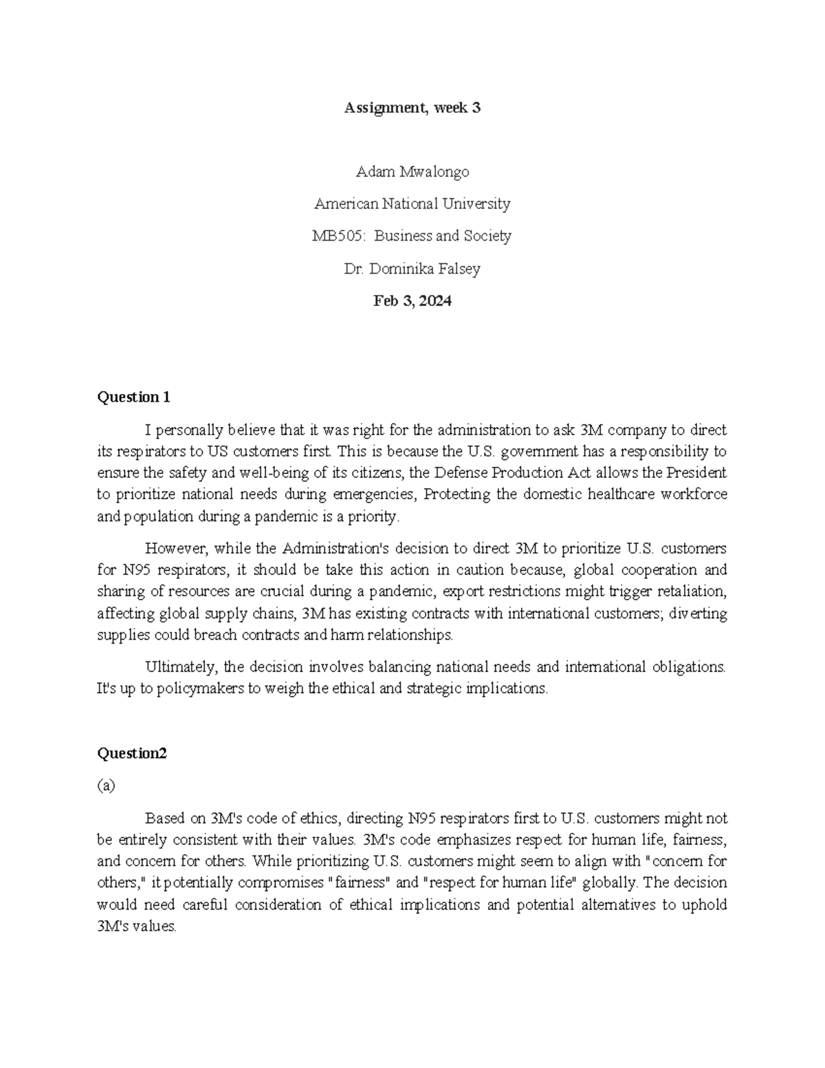 Assignment Week 3 - Assignment, week 3 Adam Mwalongo American National University MB505 ...