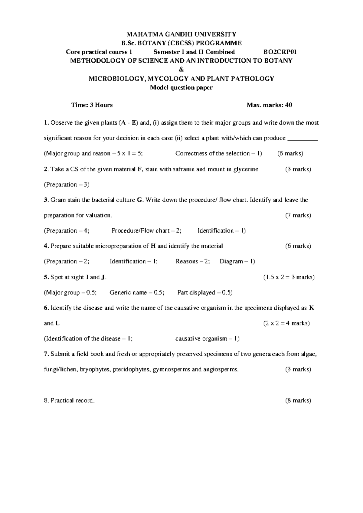 Model I Core Q. Paper - MAHATMA GANDHI UNIVERSITY B. BOTANY (CBCSS ...