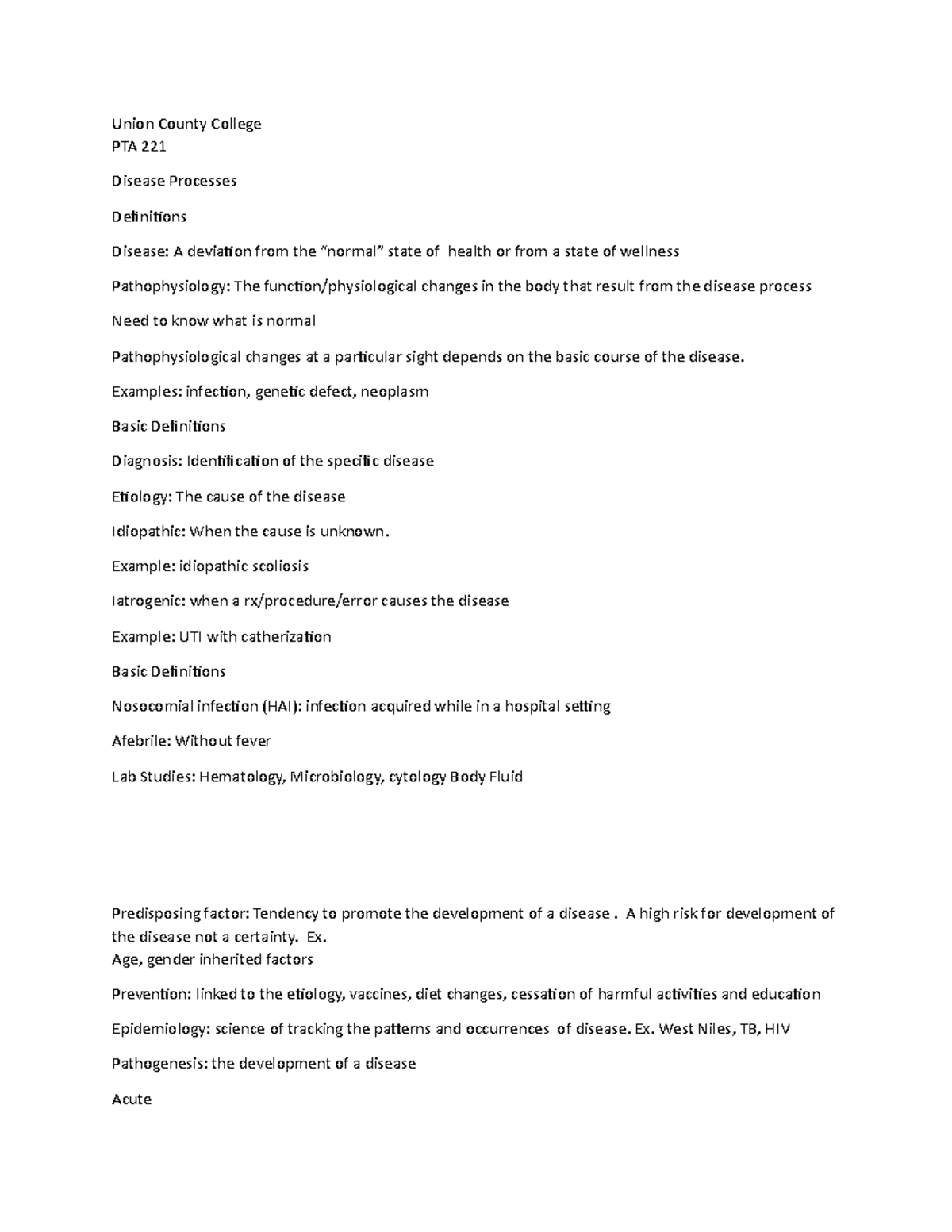 Disease Processes - Lecture notes and handout information from PTA 221 ...