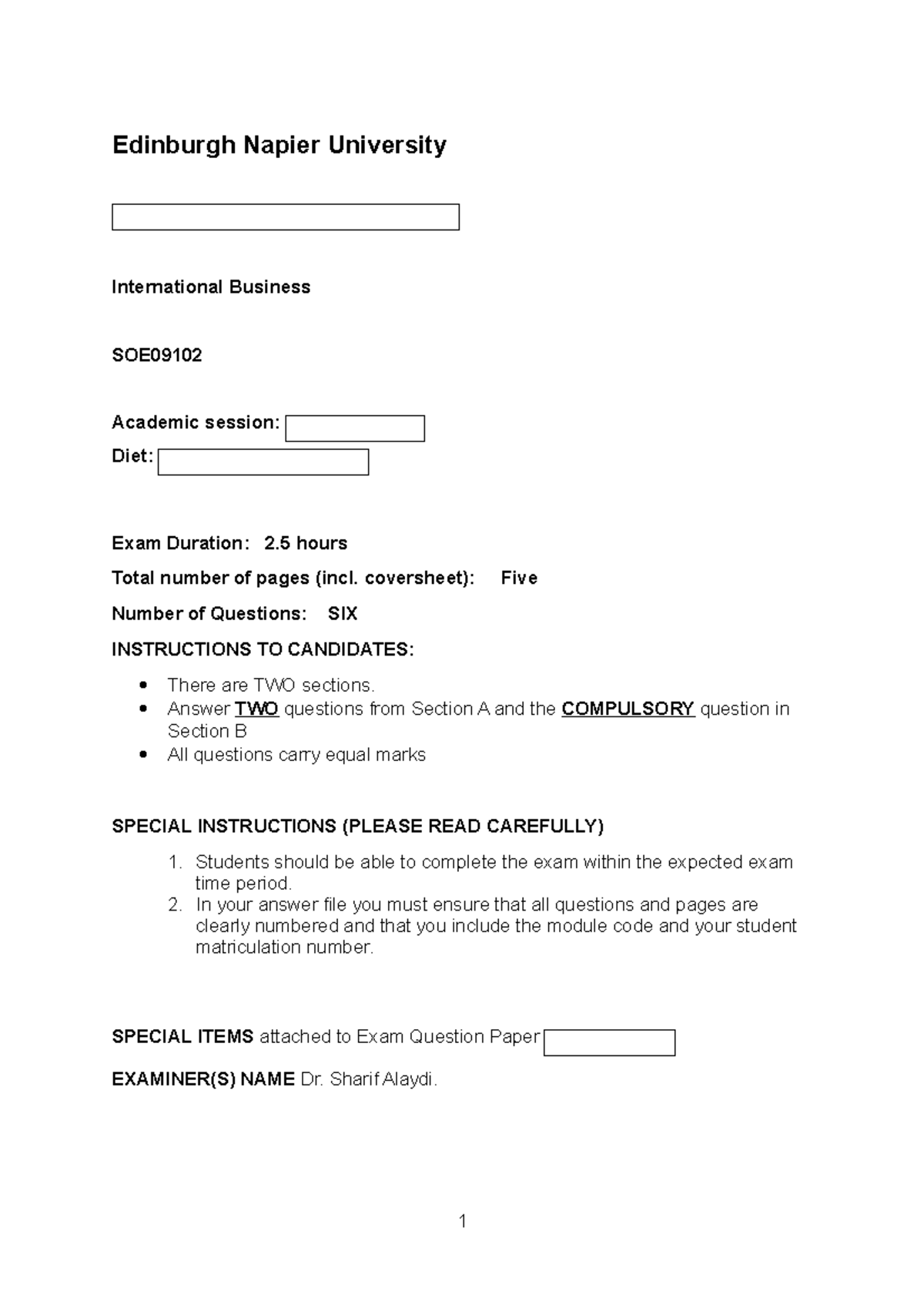Old Exam Paper Demonstrating Exam Structure - Edinburgh Napier ...