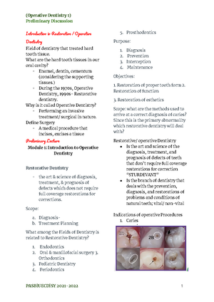 Operative- Dentistry notes prelims - OPERATIVE DENTISTRY Is the art and ...
