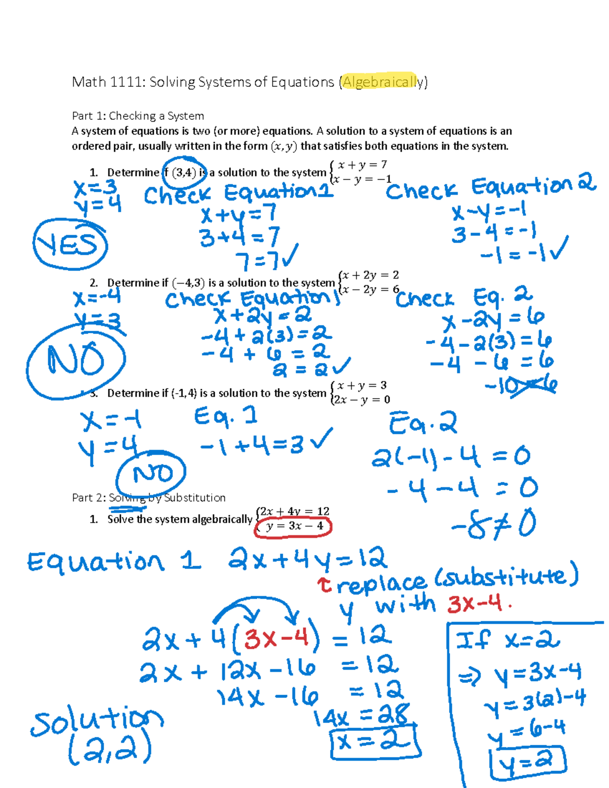 Solving Systems Notes Solutions - Math 1111: Solving Systems of ...